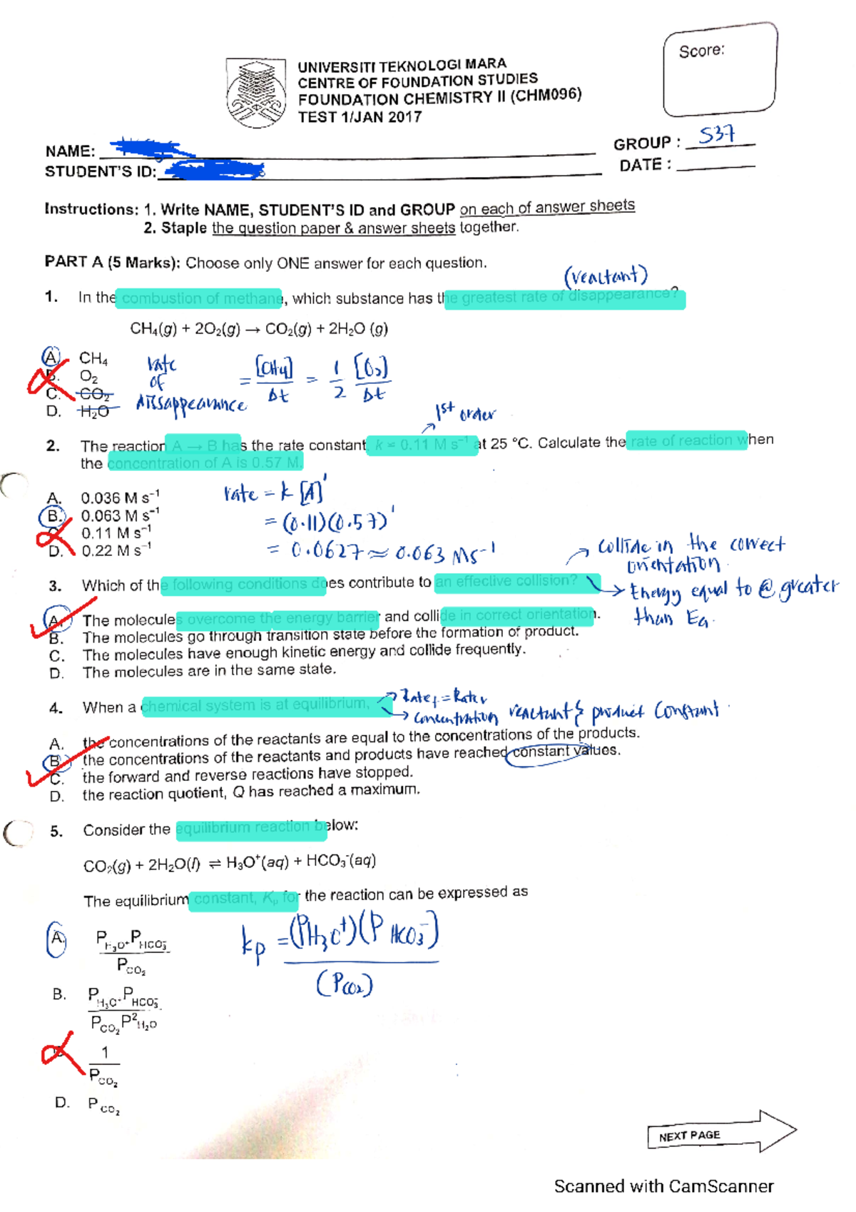 Test2017 230315 075356 - Physical Chemistry For Chemical Engineer - Studocu