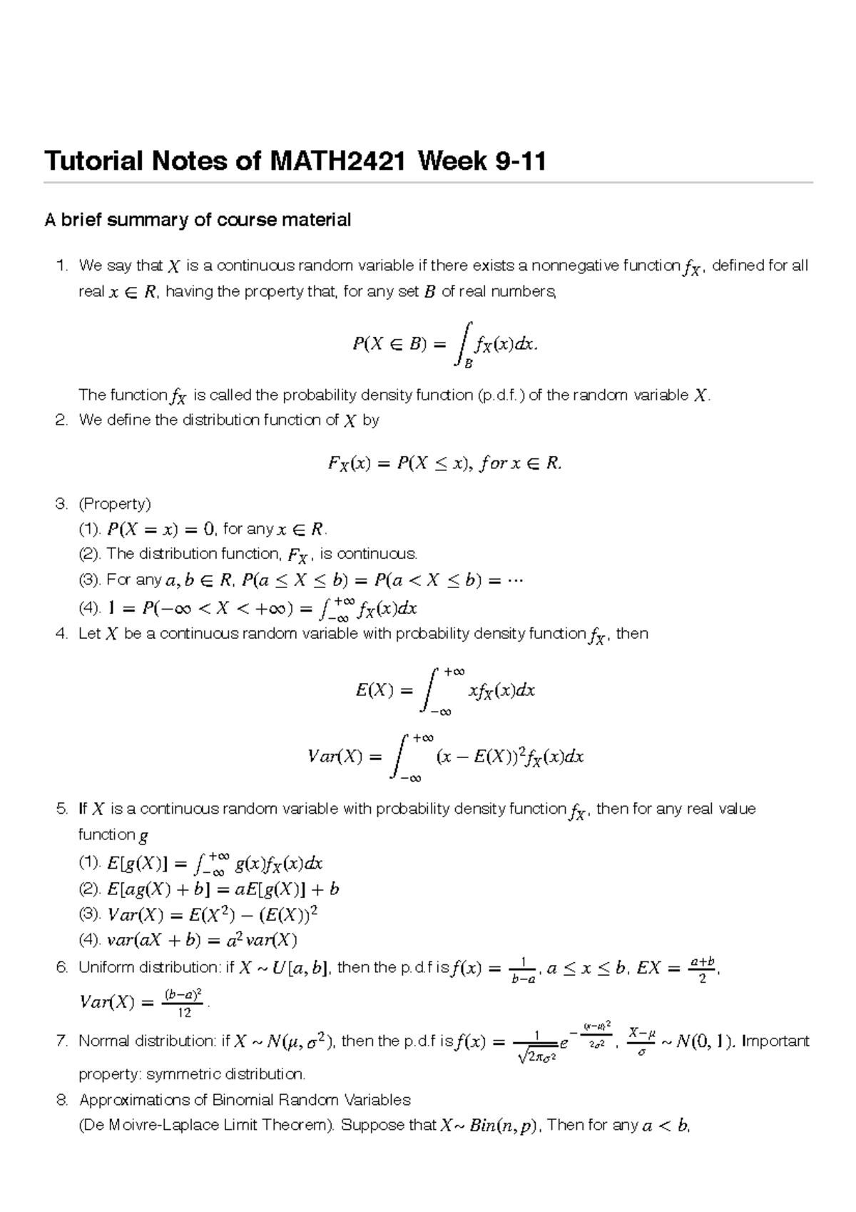 Week 9-11 - CHING, Avery - Tutorial Notes of MATH2421 Week A brief ...