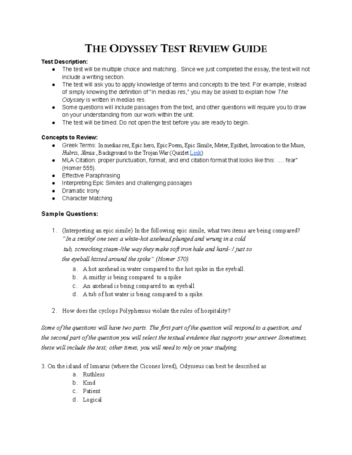 Odyssey of notes - The Odyssey Test Review Guide Test Description: The ...
