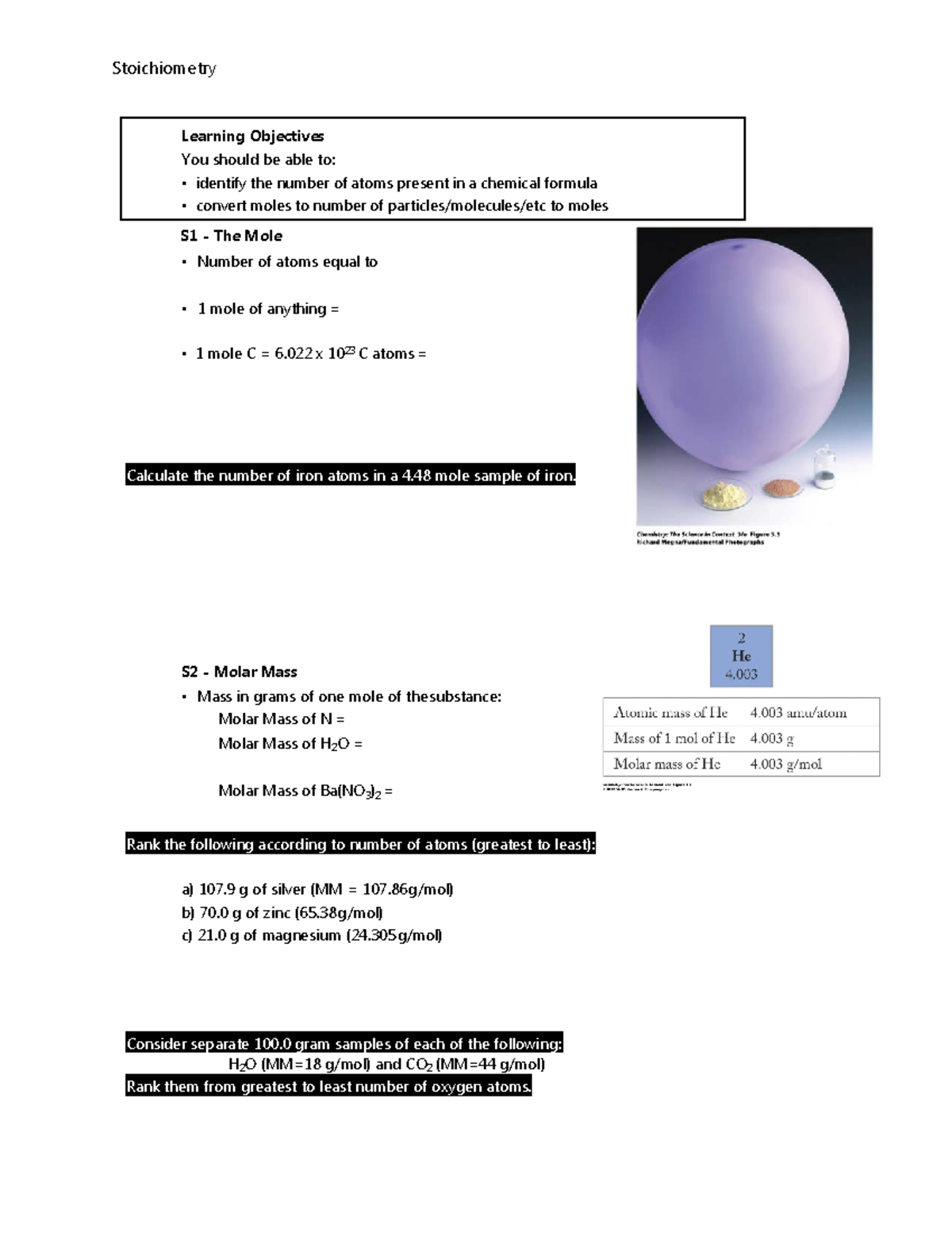 C3 stoich active fillin - S1 - The Mole Number of atoms equal to 1 mole ...