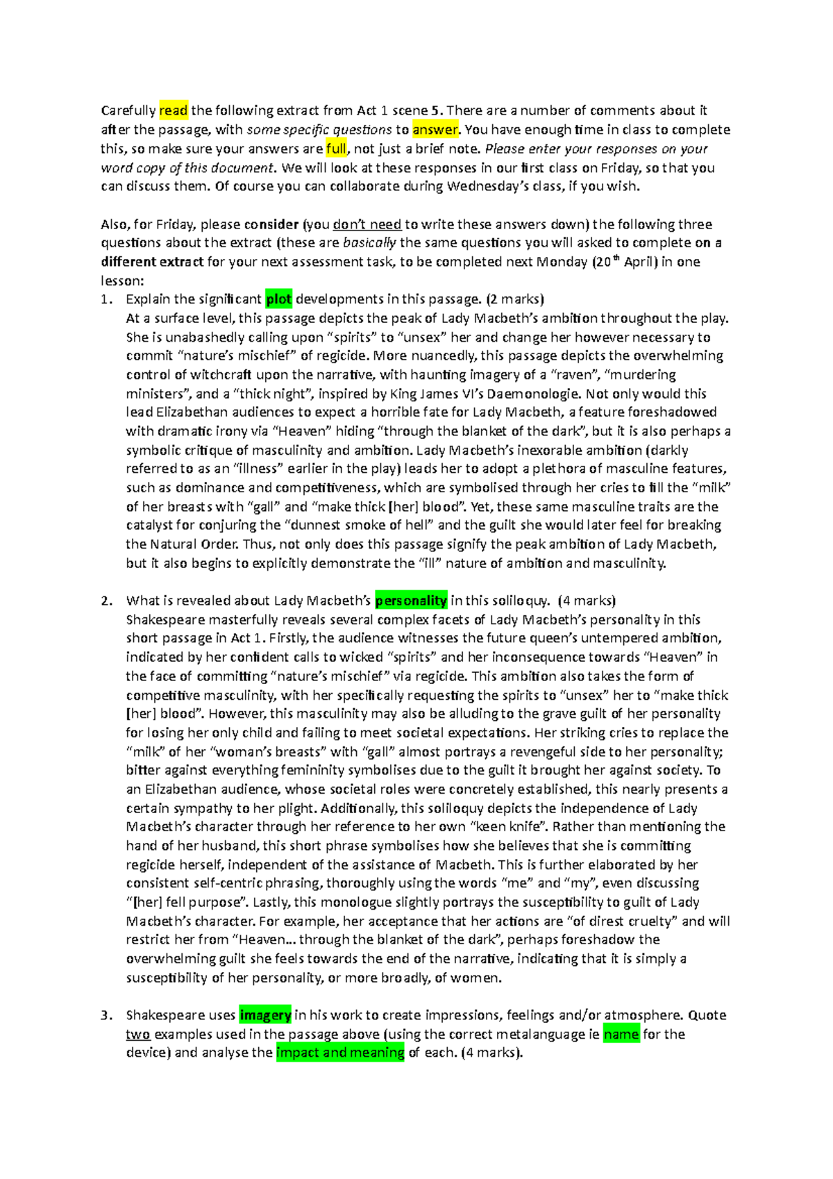 Lady Macbeth Analysis - Carefully read the following extract from Act 1 ...