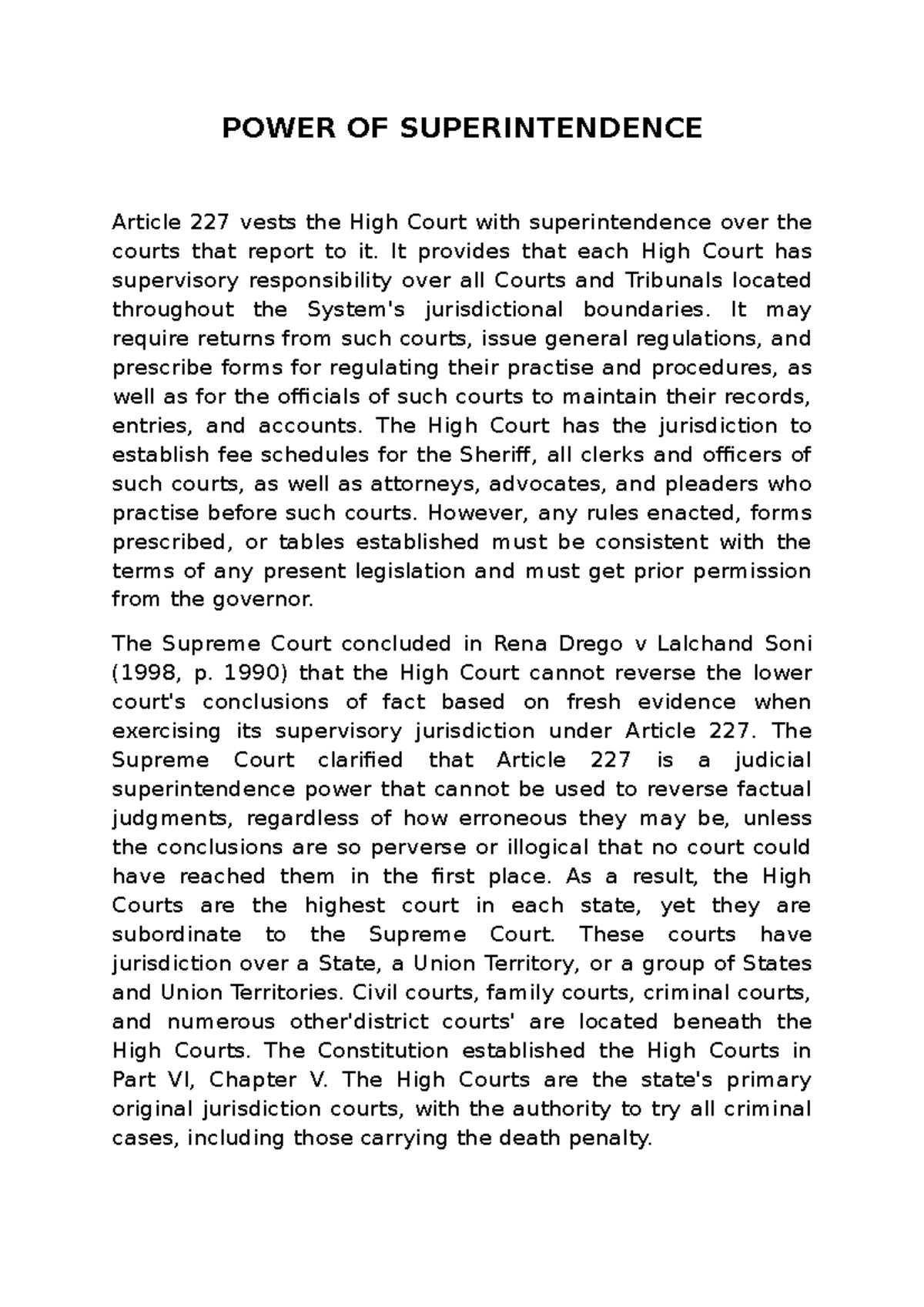 Power OF Superintendence - POWER OF SUPERINTENDENCE Article 227 vests ...