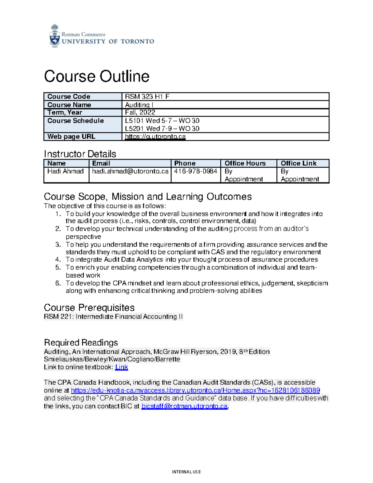 RSM323 Course Outline - Fall 2022-2 - INTERNAL USE Course Outline ...