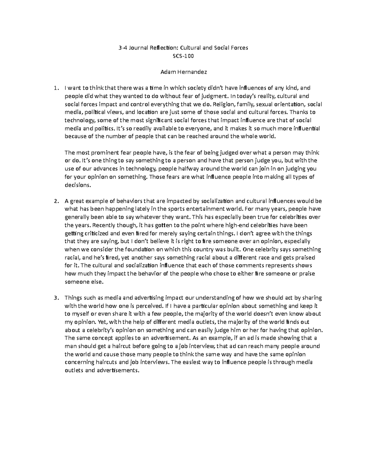 SCS wk3 3-4 journal reflection - 3-4 Journal Reflection: Cultural and ...