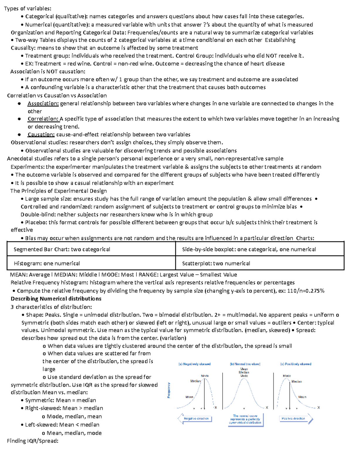 Copy of Stats 10 Midterm 1 Reference Sheet - Types of variables: - Categorical (qualitative ...
