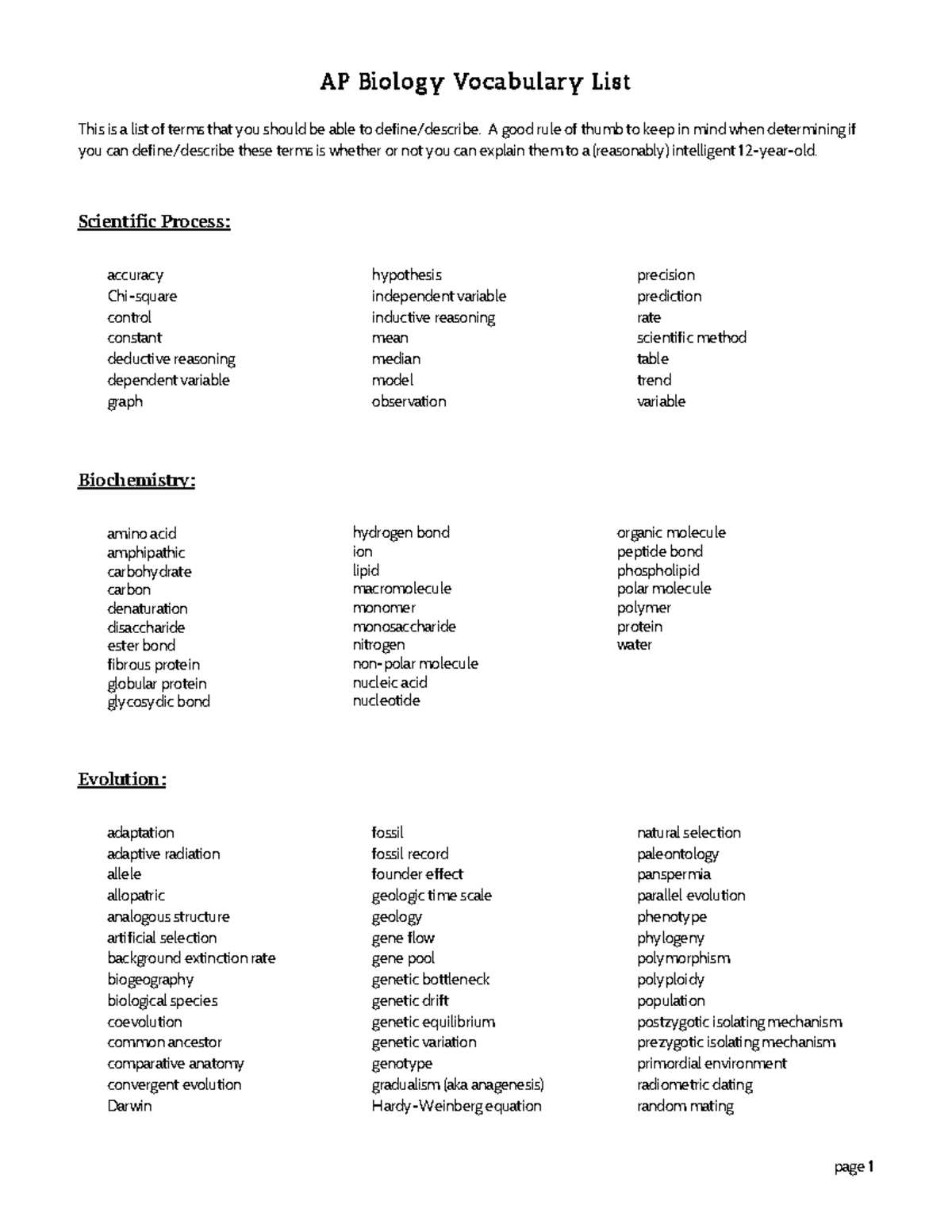 AP Biology Vocabulary List - A good rule of thumb to keep in mind when ...