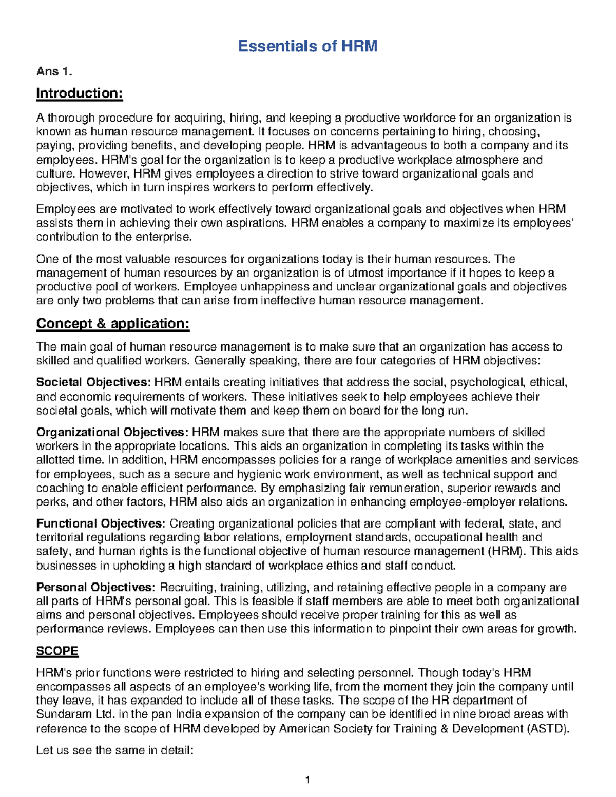 Essentials of HRM - Dec 2022 - Essentials of HRM Ans 1. Introduction: A ...