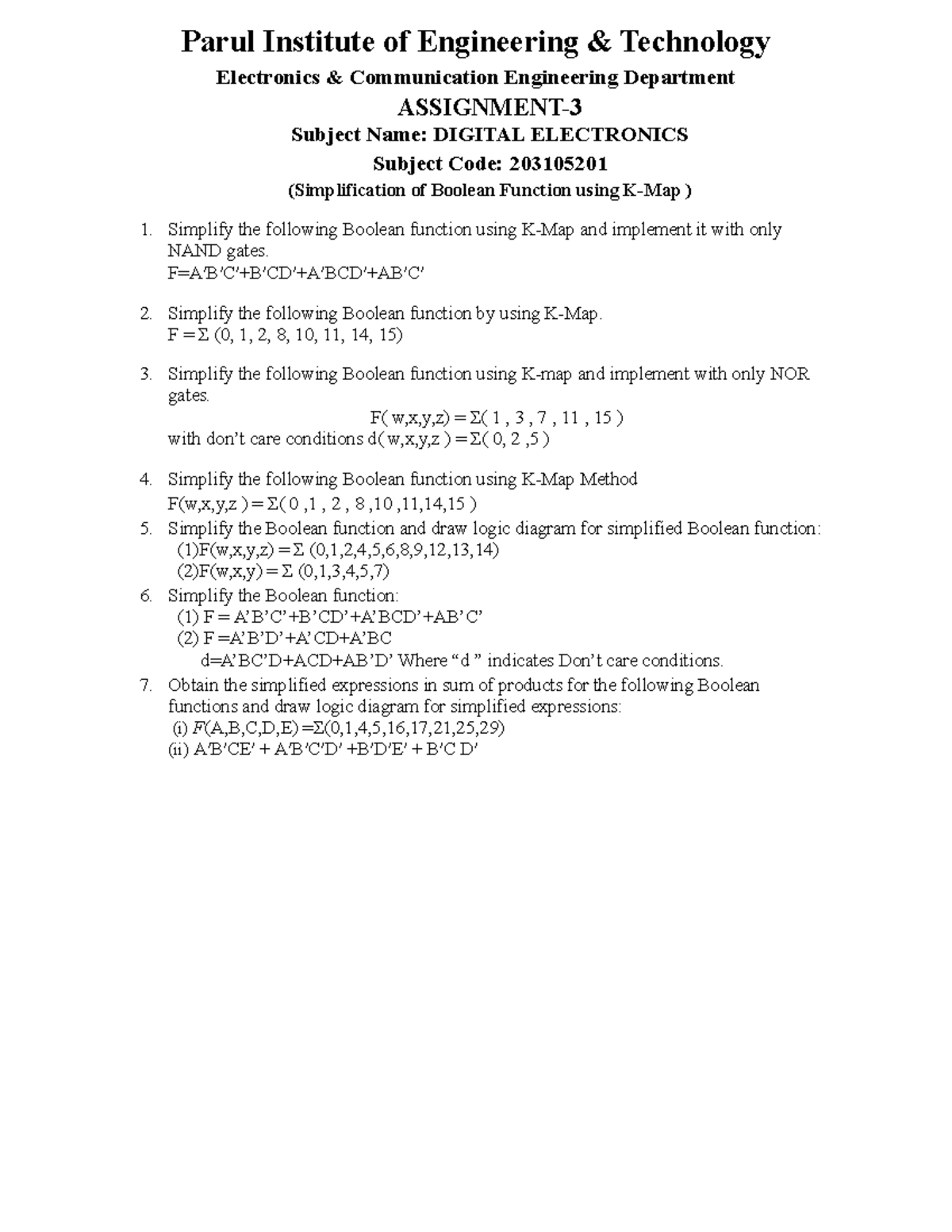 Assignment 3 DE K-Map - Parul Institute of Engineering & Technology Electronics & - Studocu