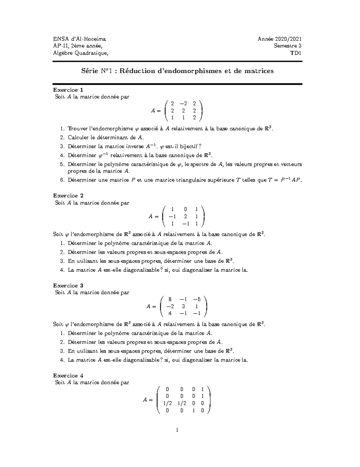 Alg3 TD 1 2020 - TD Algebre - ENSA d’Al-Hoceima Année 2020/ AP-II, 2ème ...