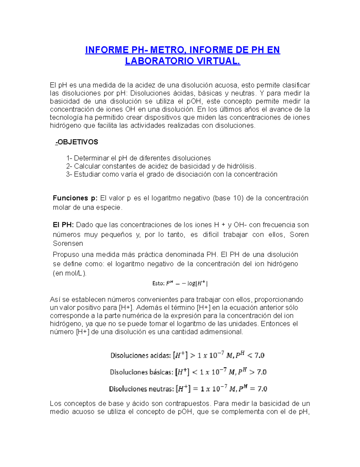 Informe ph y acidos bases leila - INFORME PH- METRO, INFORME DE PH EN LABORATORIO VIRTUAL. El pH ...