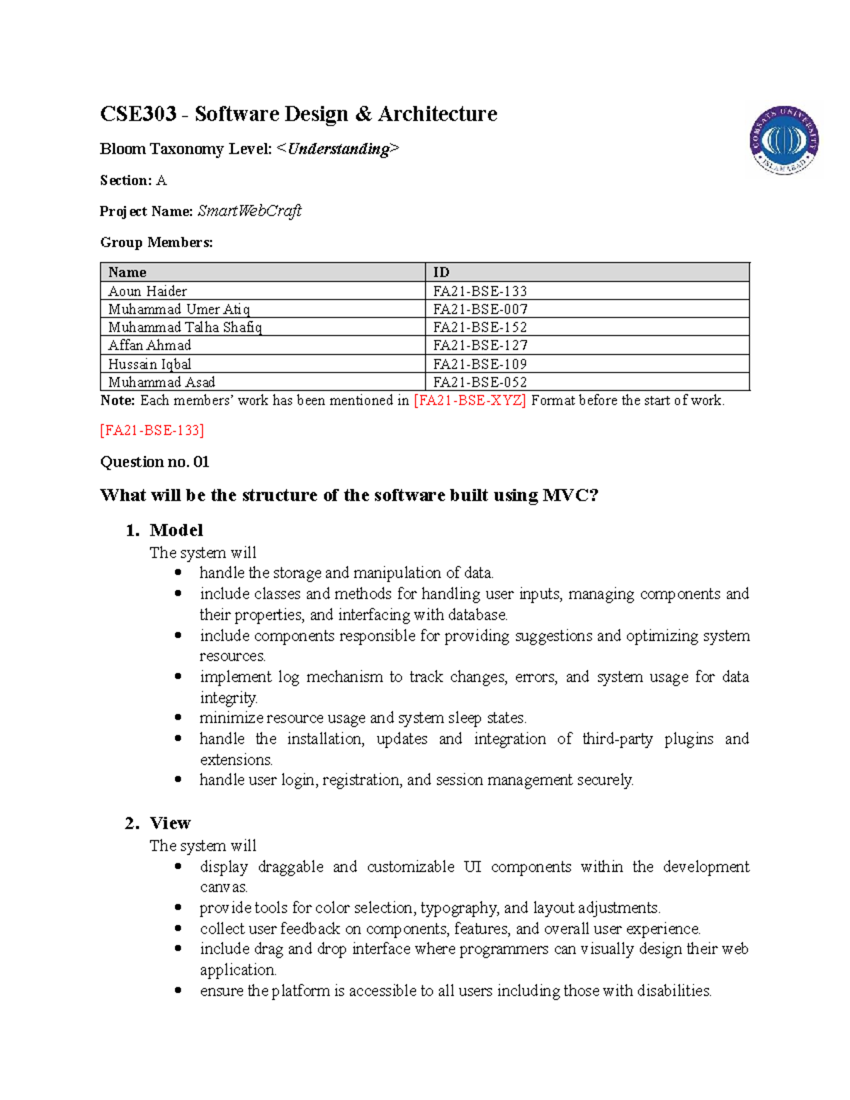 FA21 BSE 007,109,152,127,052,133 - CSE303 - Software Design & Architecture Bloom Taxonomy Level ...