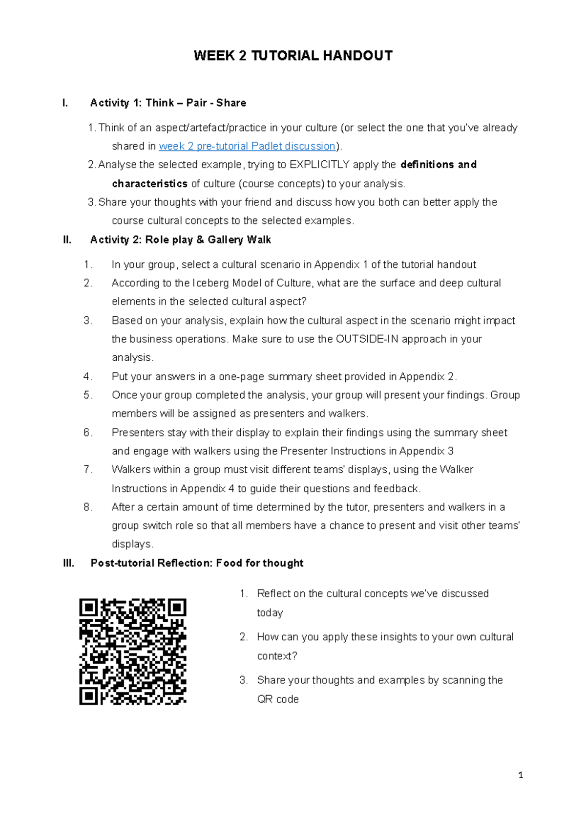 Week 2 Tutorial Handout (1) - WEEK 2 TUTORIAL HANDOUT I. Activity 1: Think – Pair - Share 1 ...