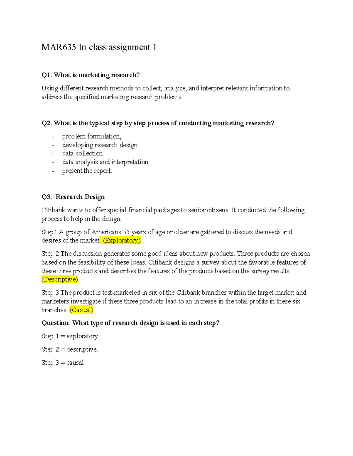 MAR635 - In Class Assignment 1 - MAR635 In class assignment 1 Q1. What ...