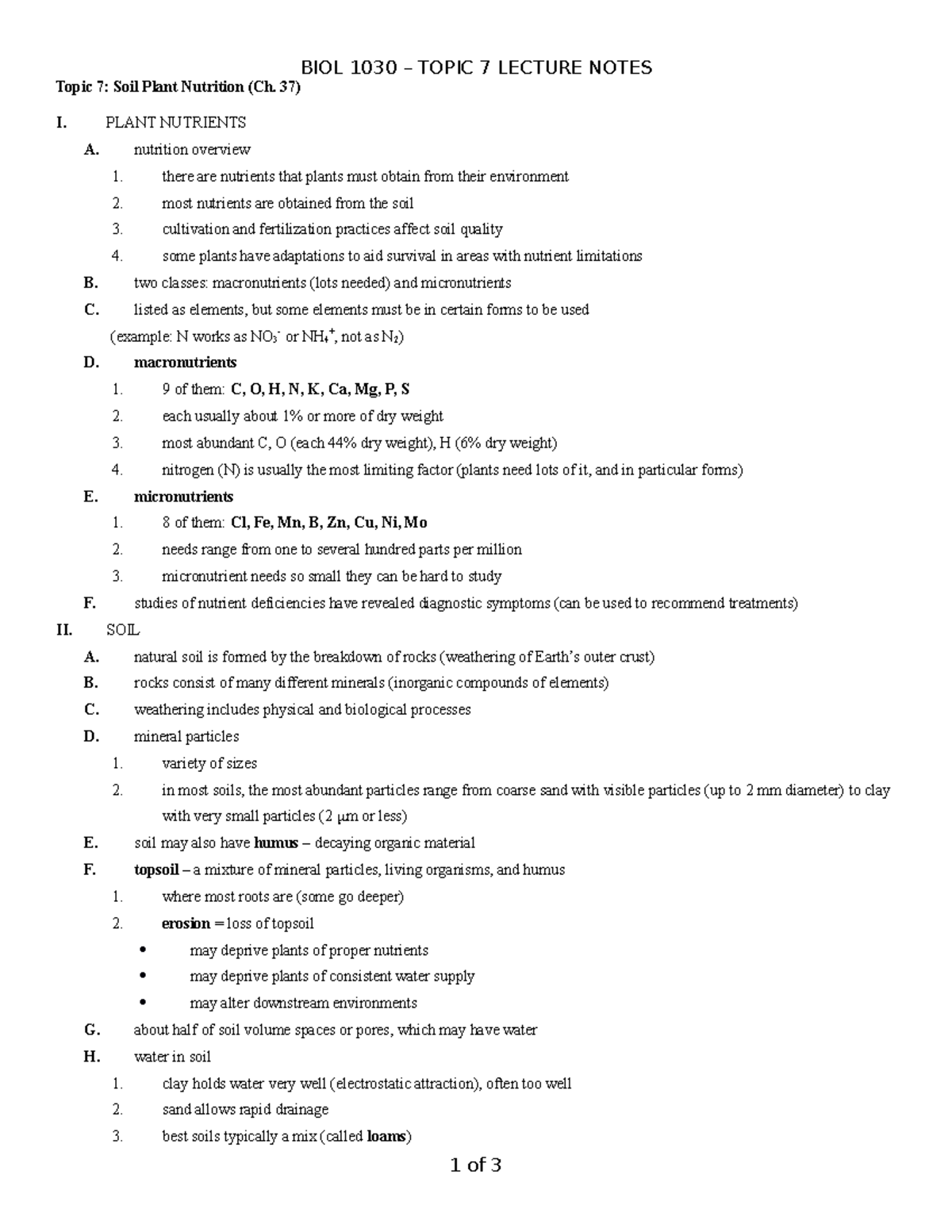 Topic 07 - BIOL 1030 – TOPIC 7 LECTURE NOTES Topic 7: Soil Plant ...