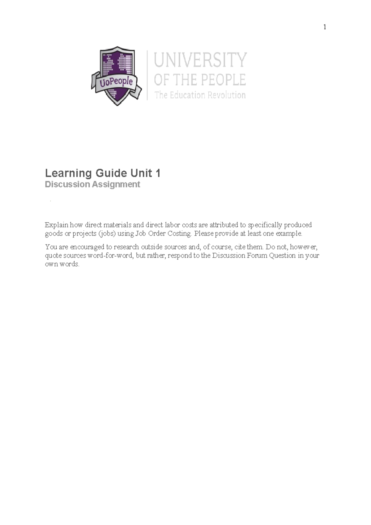 Unit 1 Discussion Assignment Main Bus 3304 Learning Guide Unit 1 Discussion Assignment