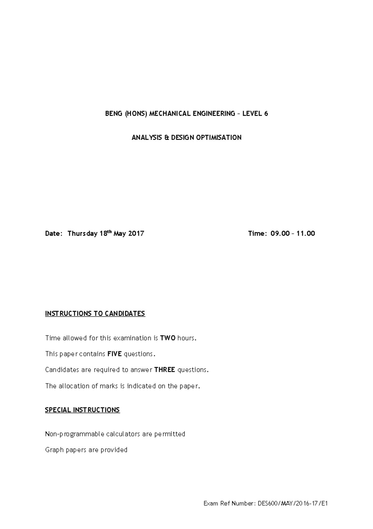 Exam 2017, questions - BENG (HONS) MECHANICAL ENGINEERING – LEVEL 6 ...