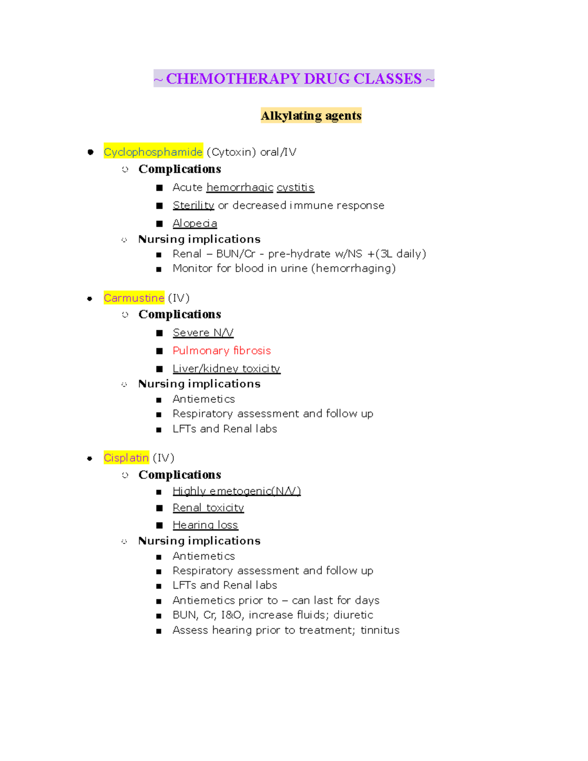~ Chemotherapy DRUG Classes ~ - ~ CHEMOTHERAPY DRUG CLASSES ...