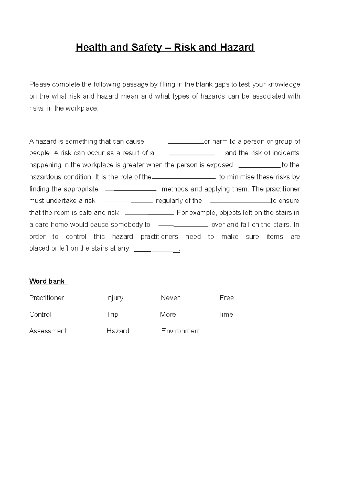 Word bank activity - health and safety - Health and Safety – Risk and ...