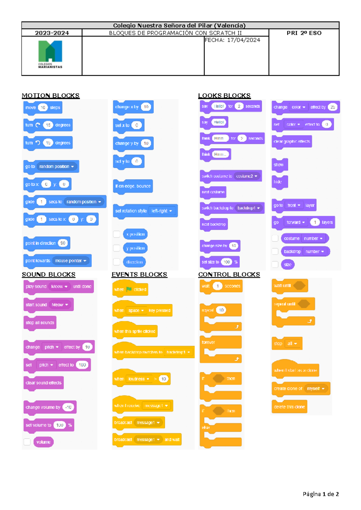 Bloques de programación con Scratch II - Informatica - Página 1 de 2 Colegio Nuestra Señora del ...