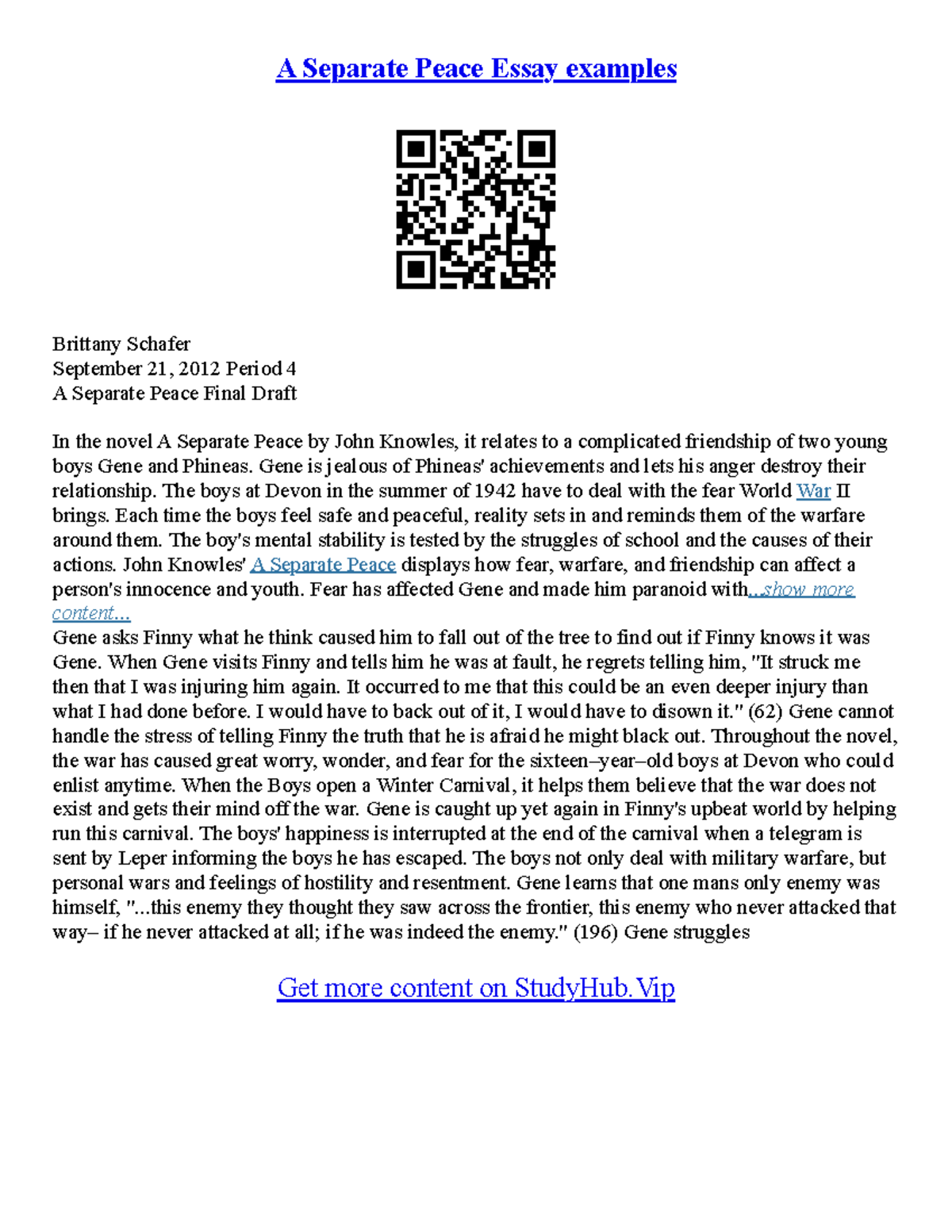 A Separate Peace Essays - Gene is jealous of Phineas' achievements and ...