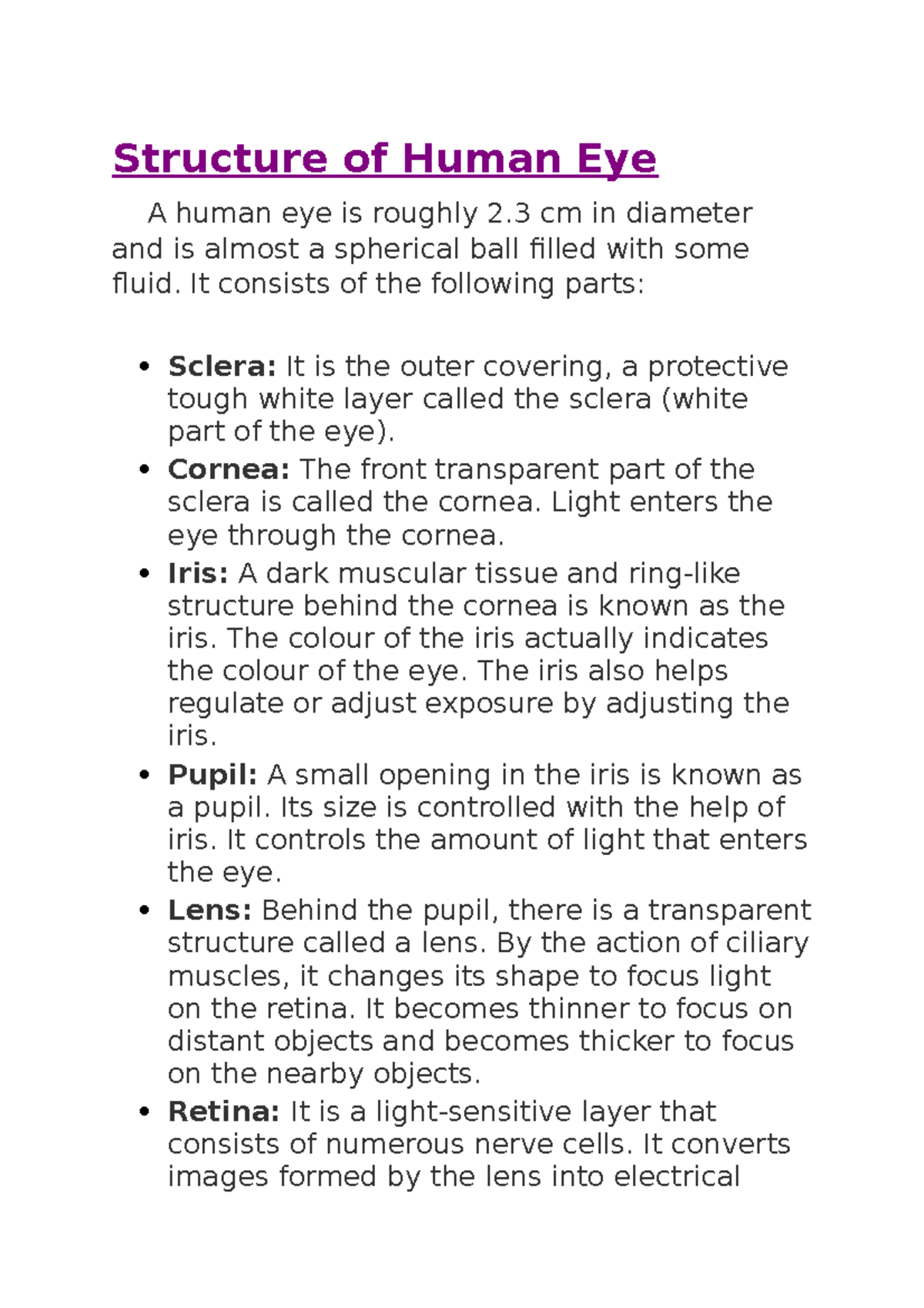 Eye 2 - Lecture note is about the Structures and Functioning of Eye and ...