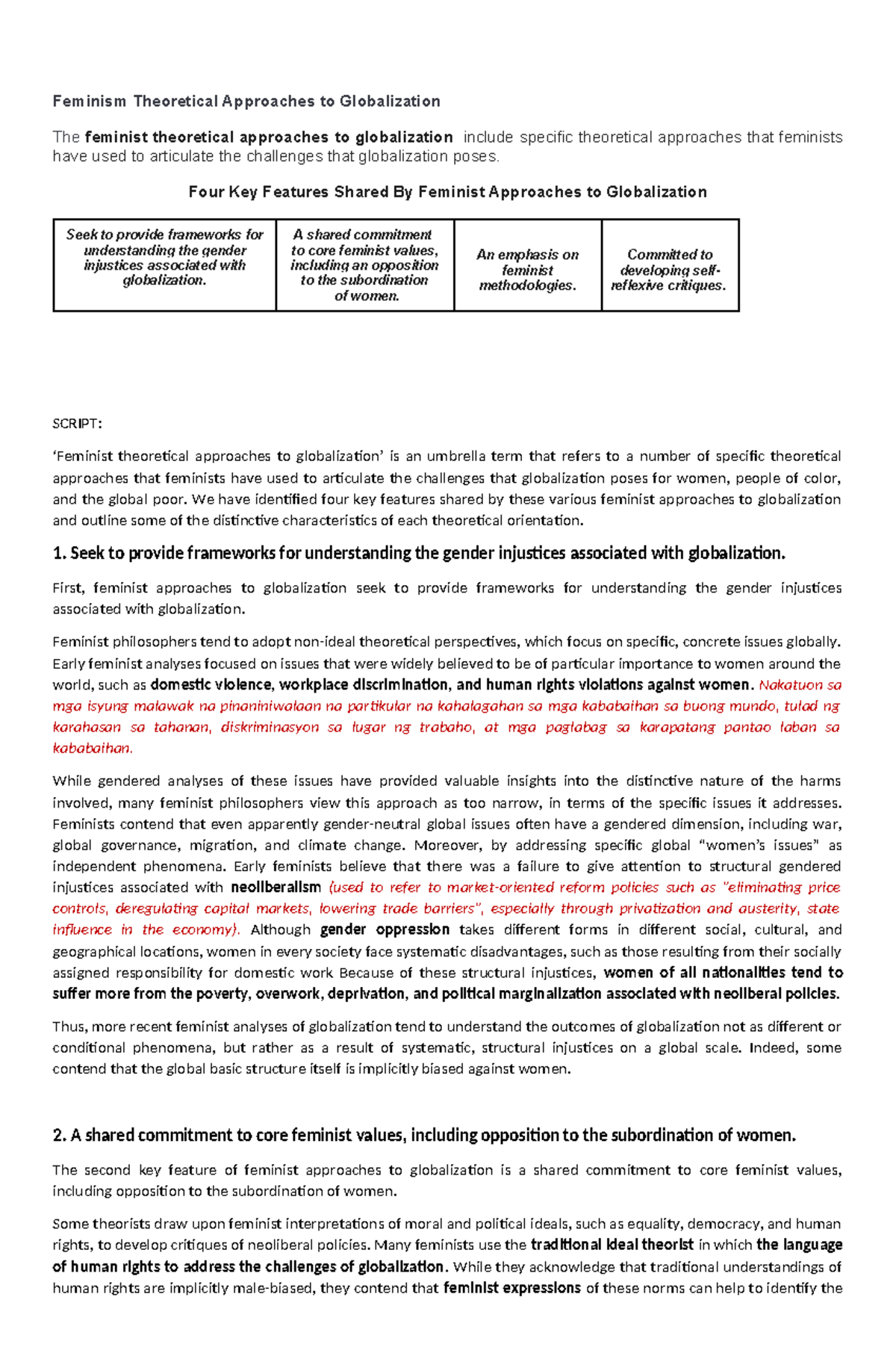 Activity#1 Feminism - Feminism Theoretical Approaches to Globalization ...