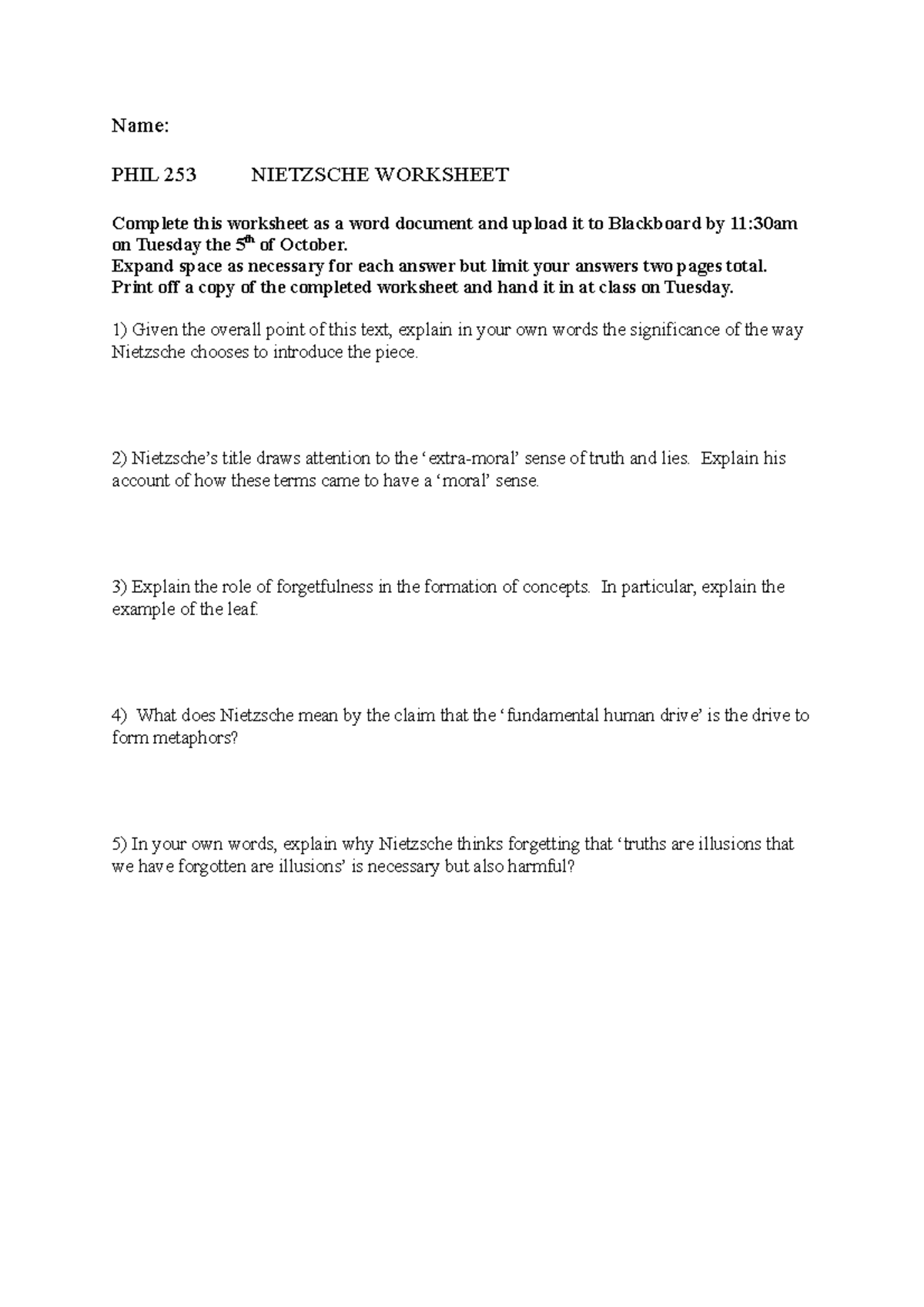Nietzsche-worksheet assignment instructions - Name: PHIL 253 NIETZSCHE ...