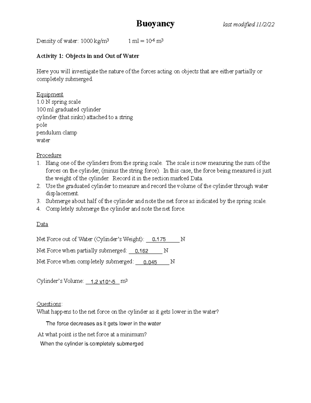 Lab 10 Buoyancy v3-7 - Lab - Buoyancy last modified 11/2/ Density of ...
