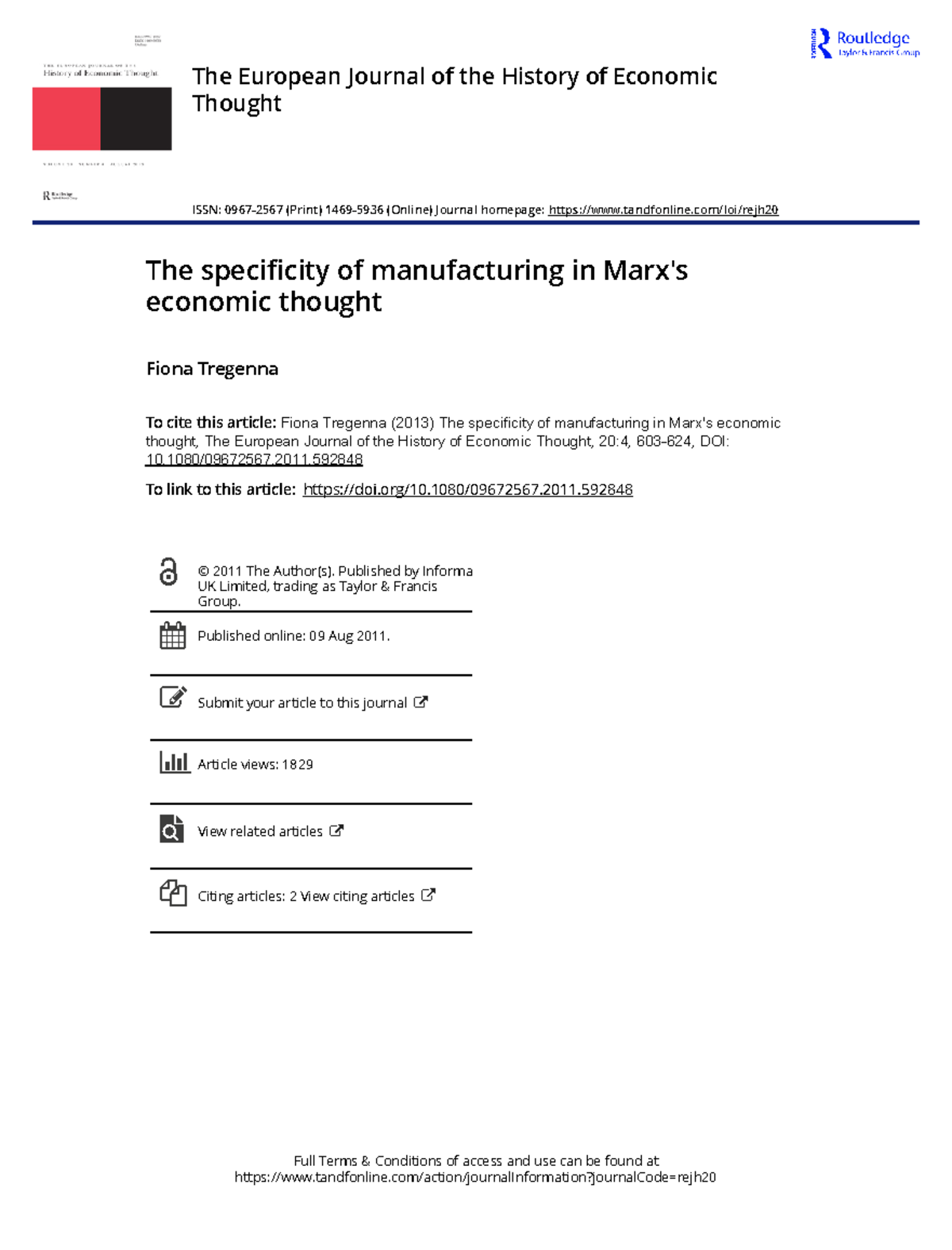The specificity of manufacturing in Marx s economic thought - Full ...