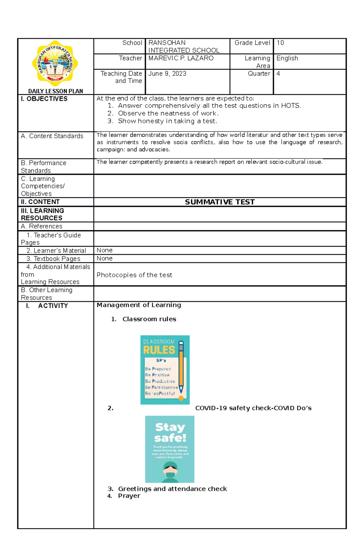 Summative LP - None - DAILY LESSON PLAN School RANSOHAN INTEGRATED ...