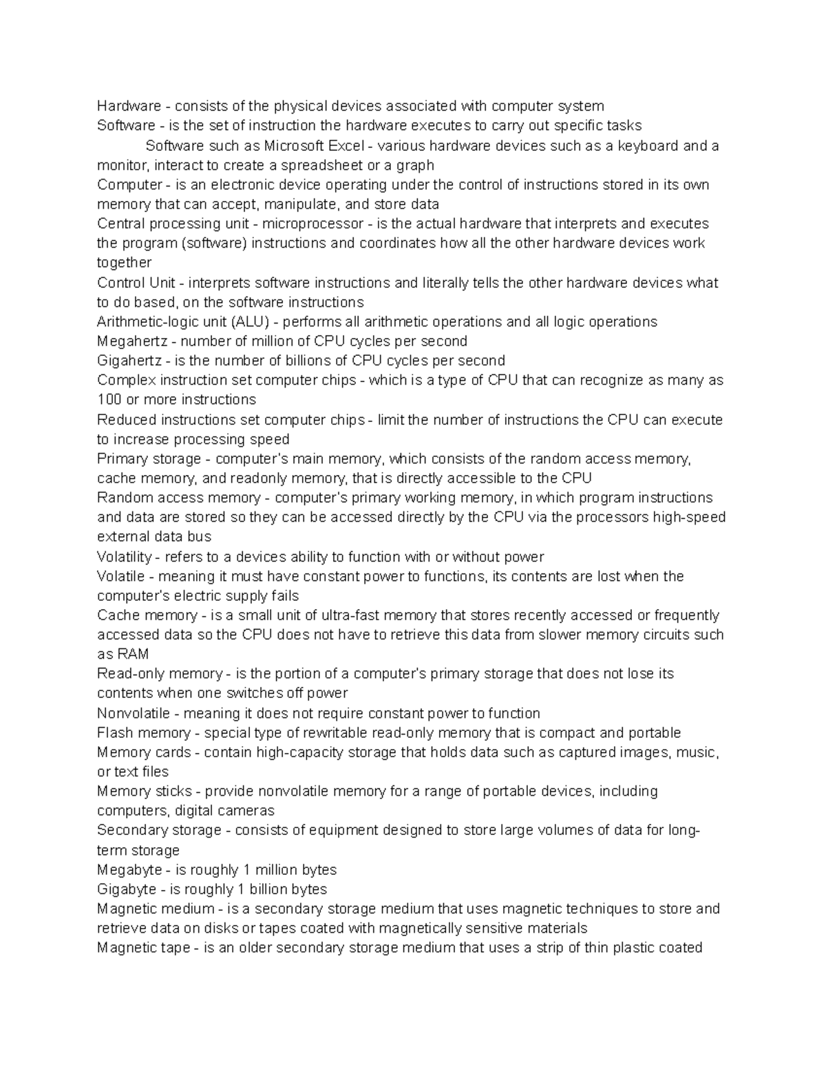 Hard Ware and Software - Book Notes - Hardware - consists of the ...