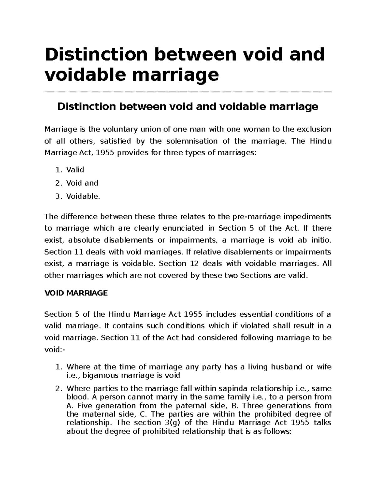 CH-9 Distinction between void and voidable marriage - Distinction between void and voidable ...