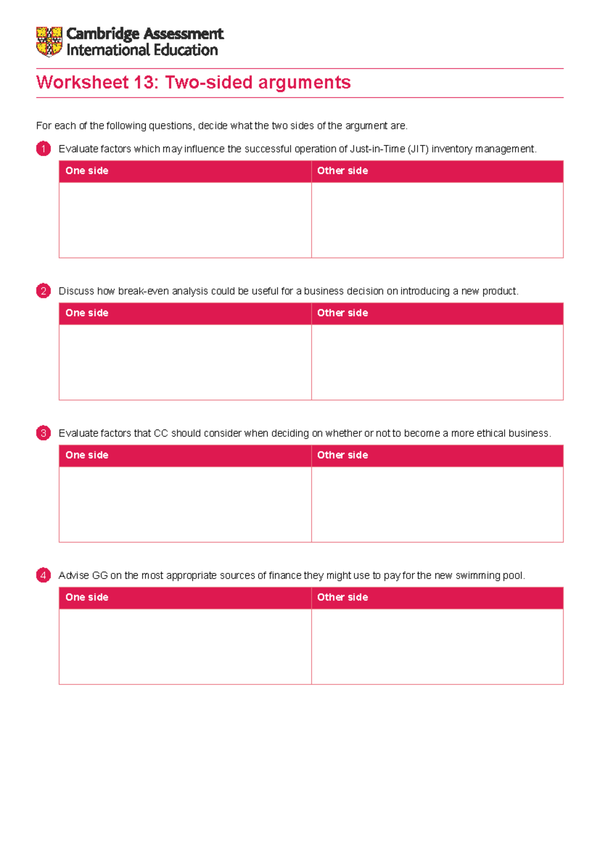 AO4 Worksheet 13 Two sided arguments - © Cambridge U niversity Press ...