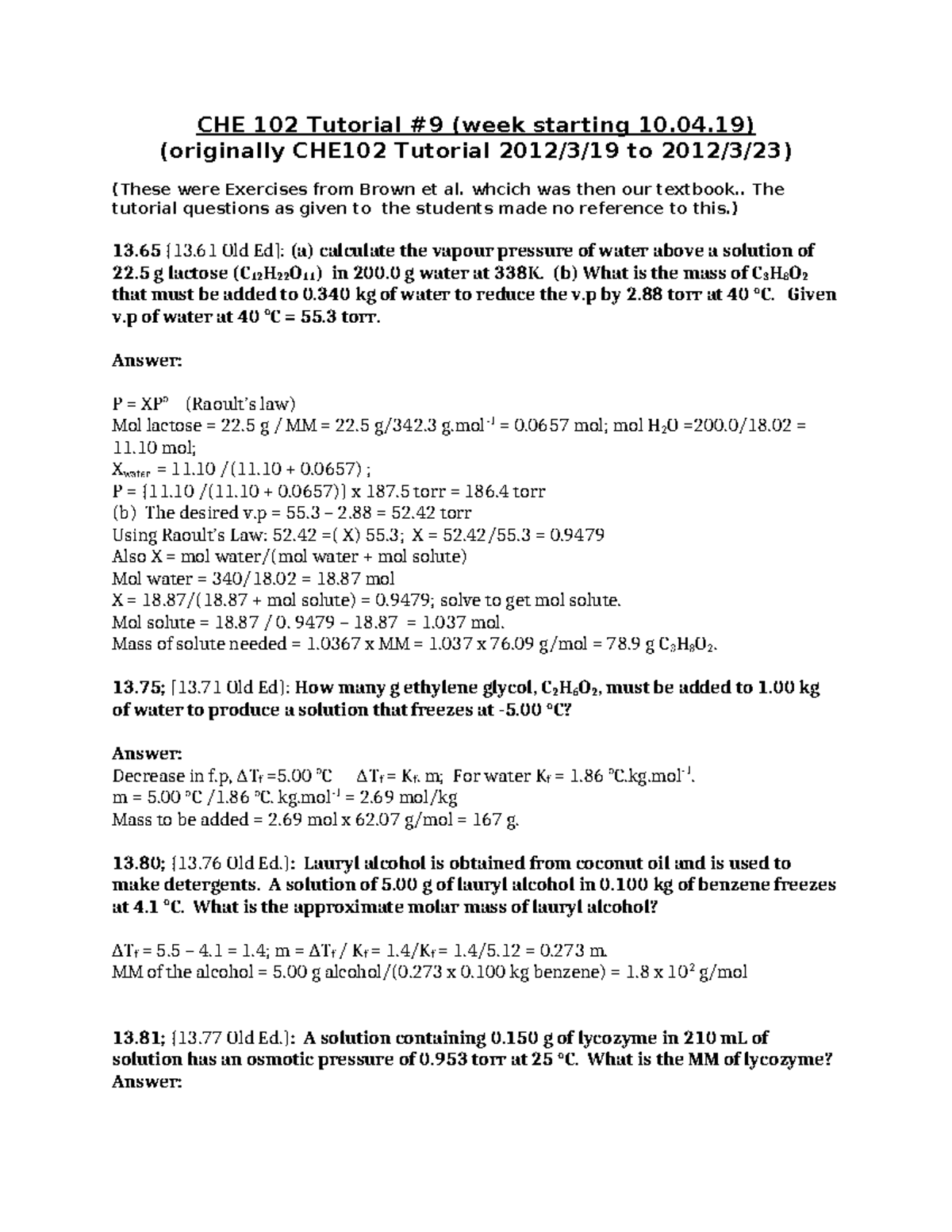 CHE 102 Tutoria #9 (week of 18 04 17) + Answers - CHE 102 Tutorial #9 (week starting 10.04 ...