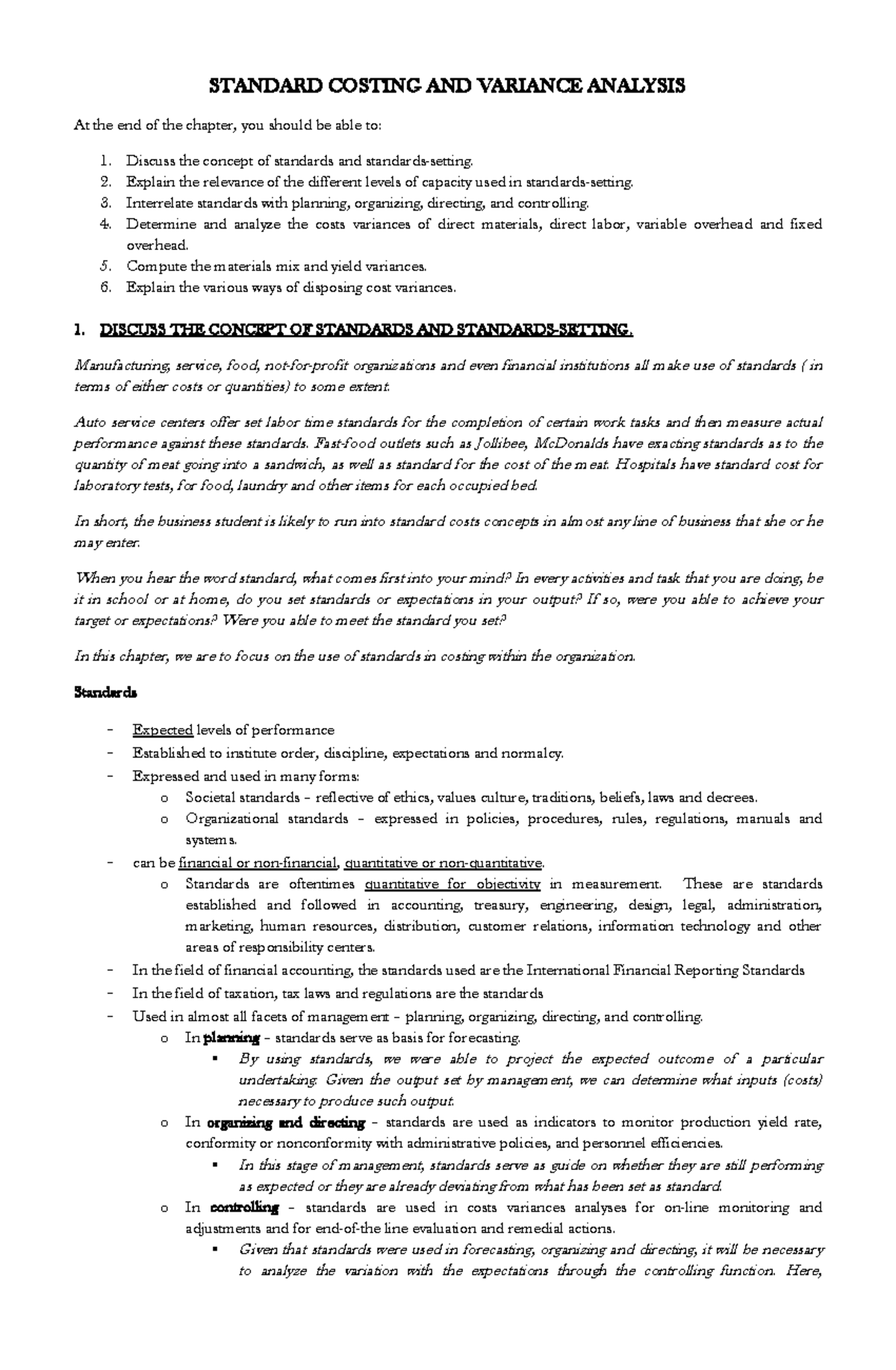 SCM Standard Costing AND Variance Analysis - STANDARD COSTING AND ...