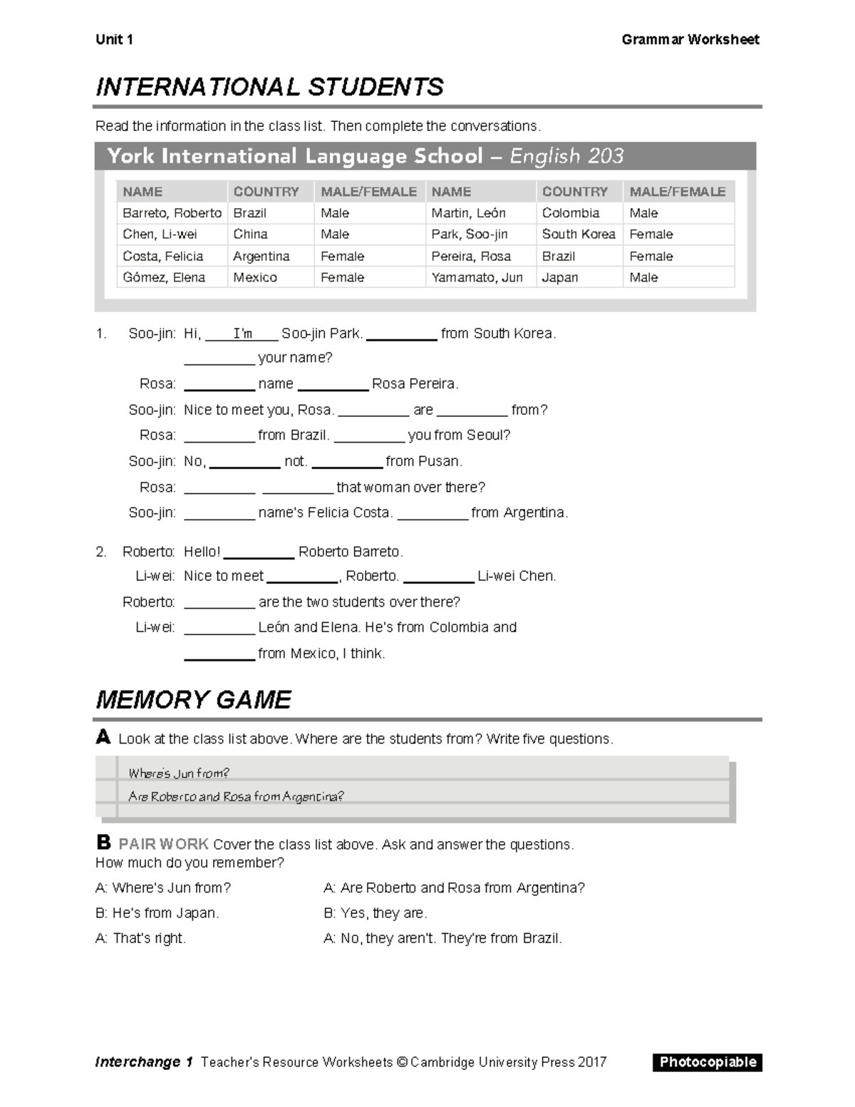 Interchange 5th Ed Level 1 Unit01 Grammar Worksheet - Unit 1 Grammar ...