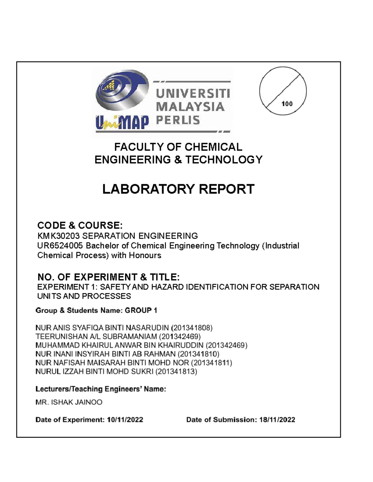 KMK30203 Lab Report 1 - LABORATORY - FACULTY OF CHEMICAL ENGINEERING ...