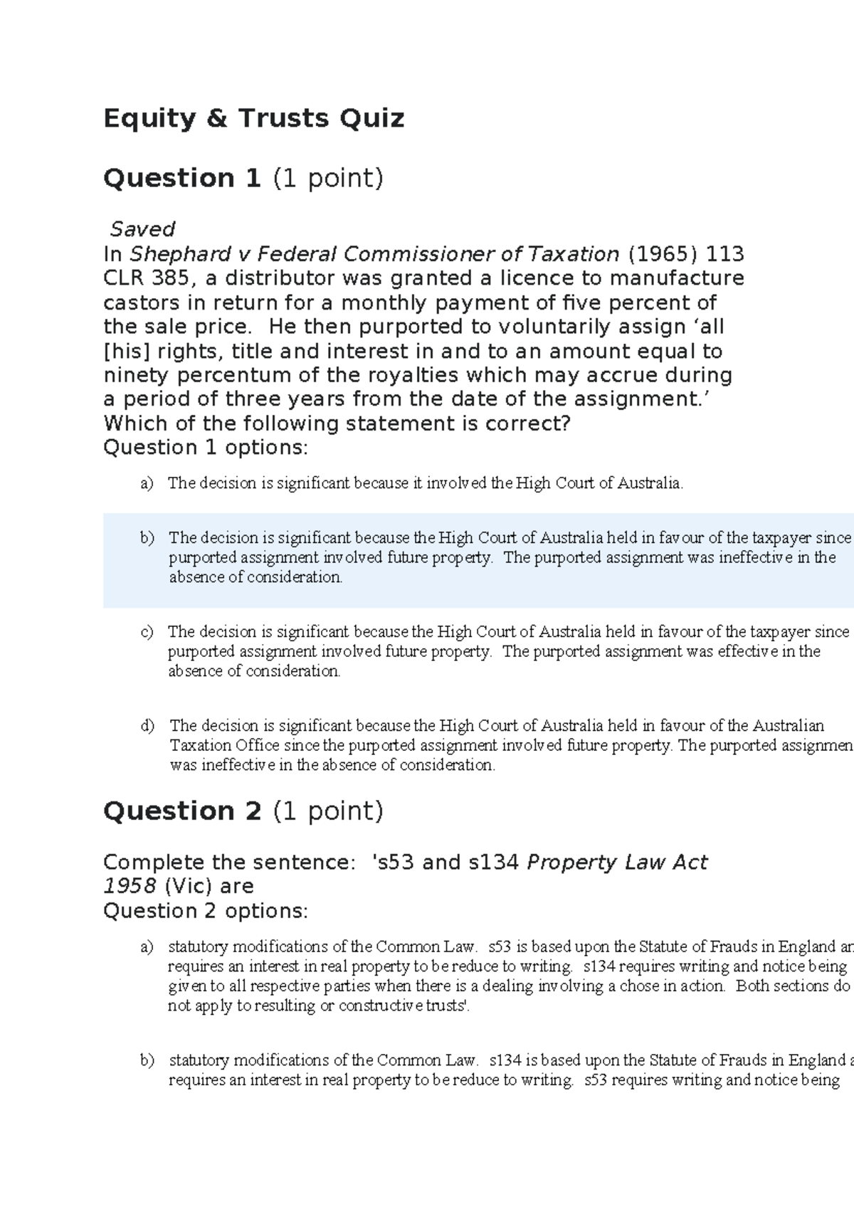Equity & Trusts quiz - Equity & Trusts Quiz Question 1 (1 point) Saved ...