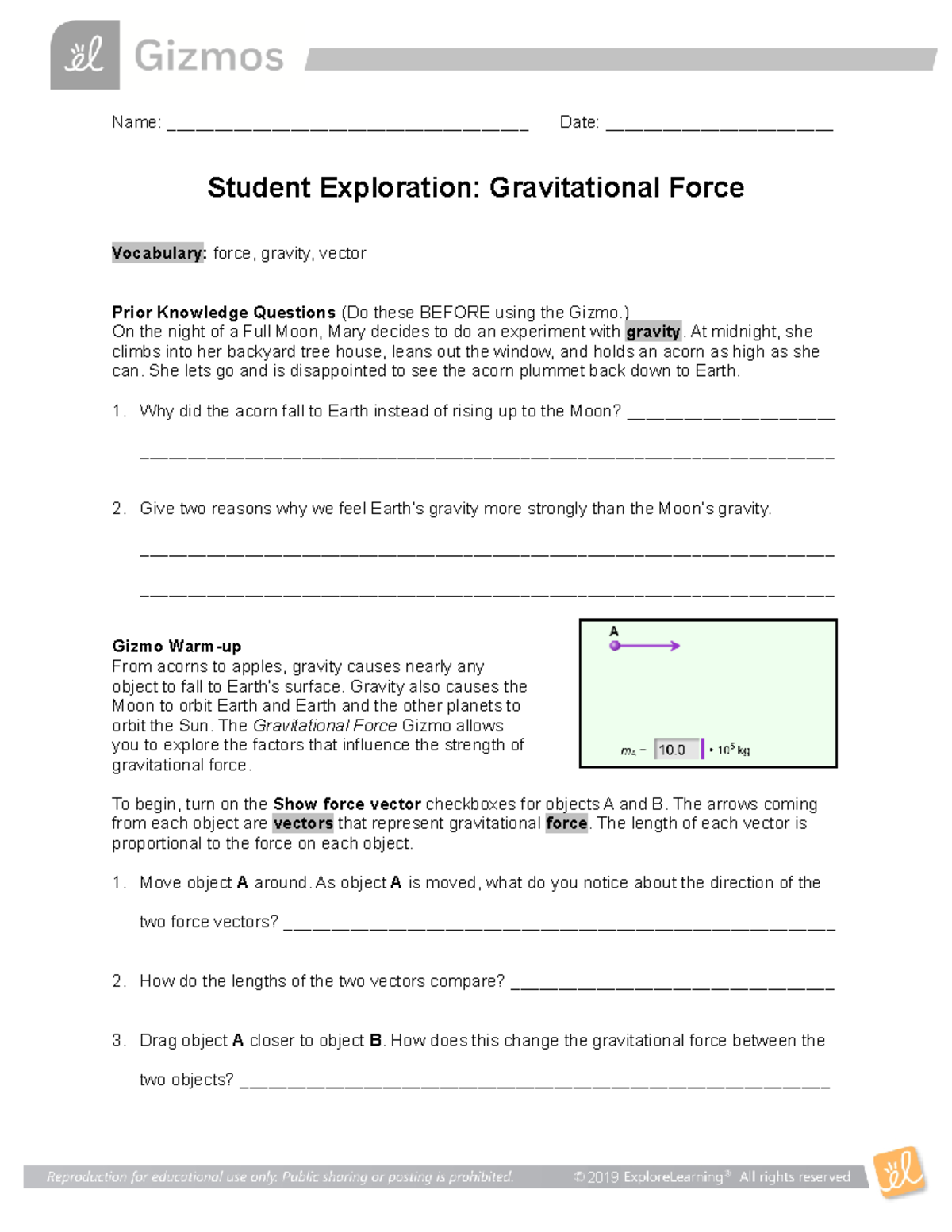 Gravitational Force Gizmos - Name ...