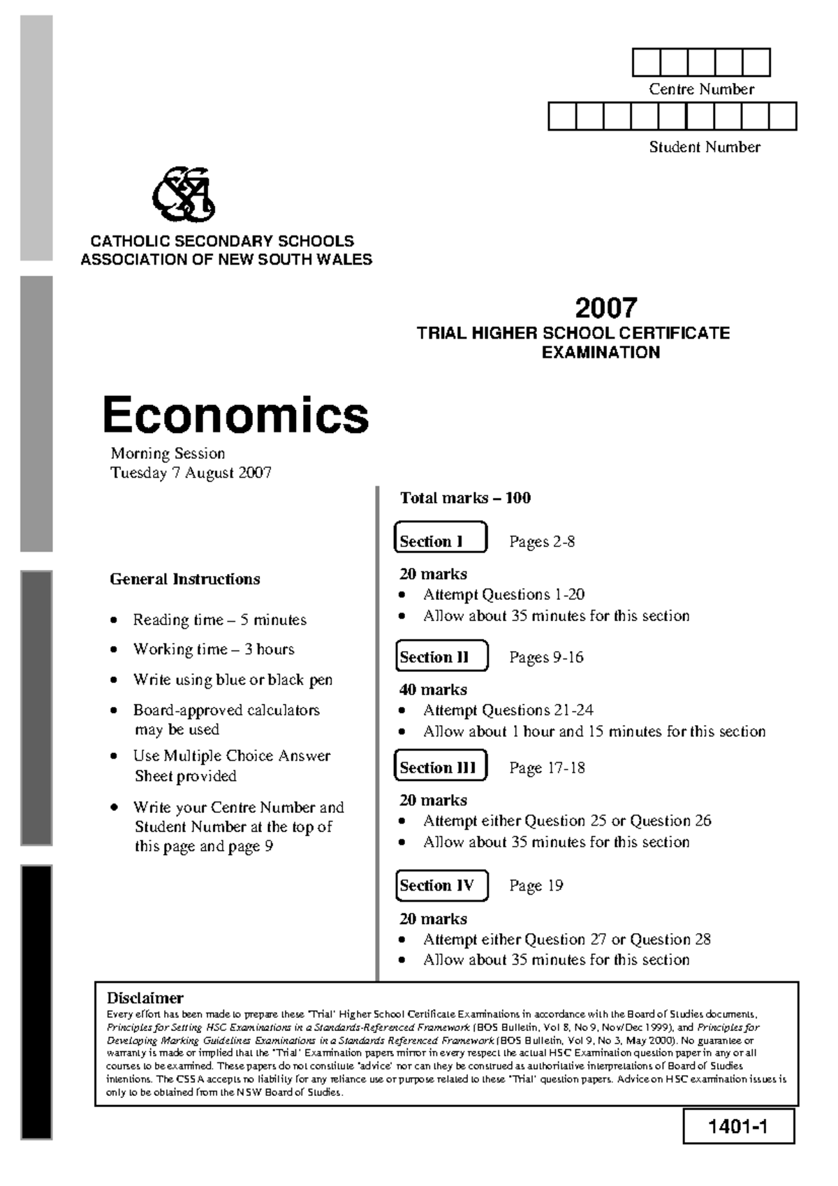 CSSA 2007 Economics Trials Solutions - Centre Number Student Number CATHOLIC SECONDARY SCHOOLS ...