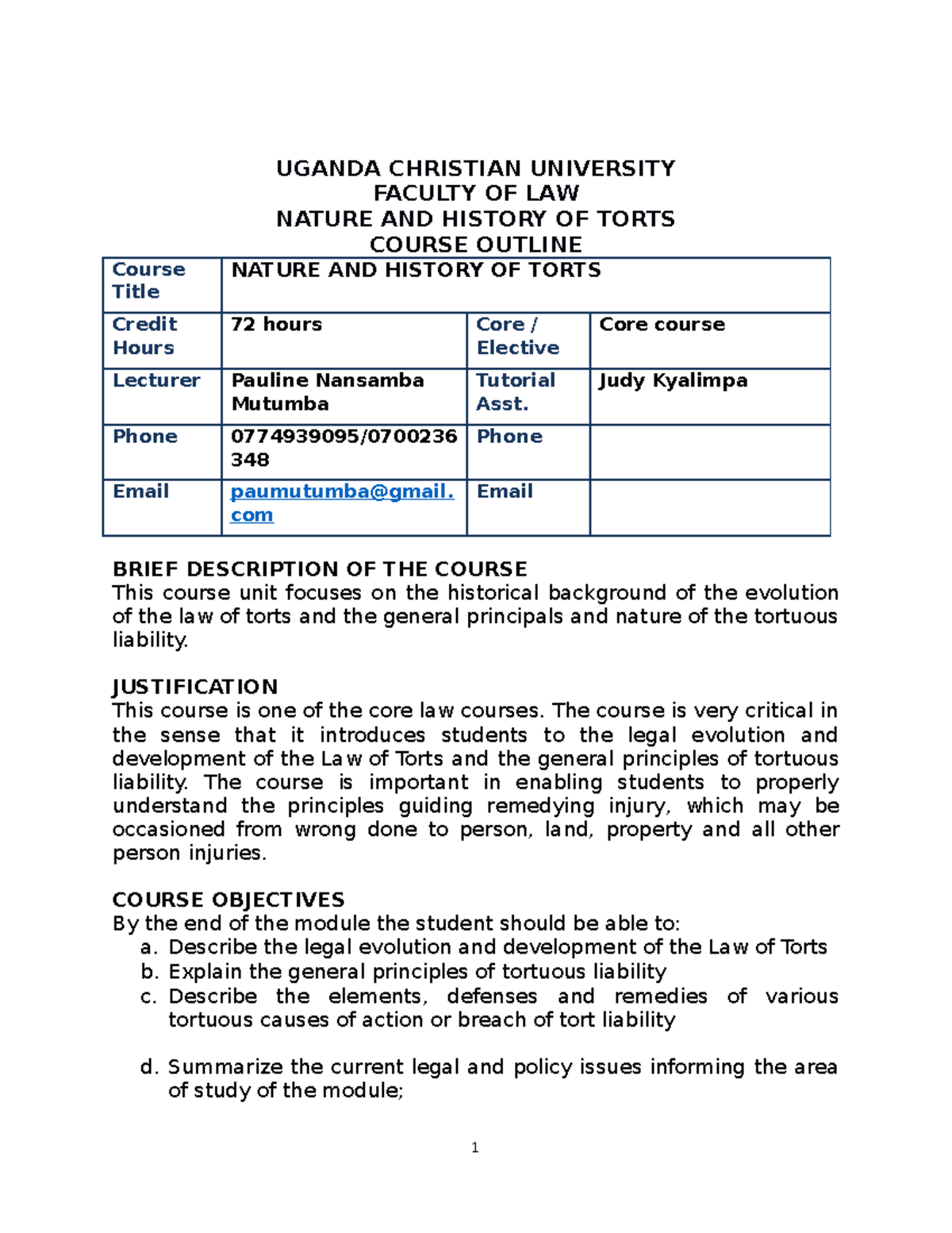 Tort -Course outline Sept-2022 PGNM - UGANDA CHRISTIAN UNIVERSITY ...