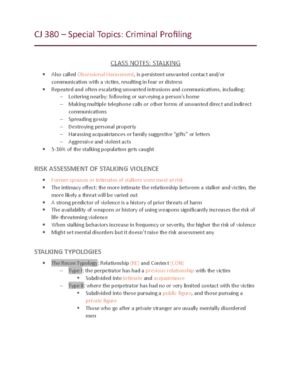CJ 380 - Stalking - CJ 380 – Special Topics: Criminal Profiling CLASS ... CJ 380 - Stalking - CJ 380 – Special Topics: Criminal Profiling CLASS ...