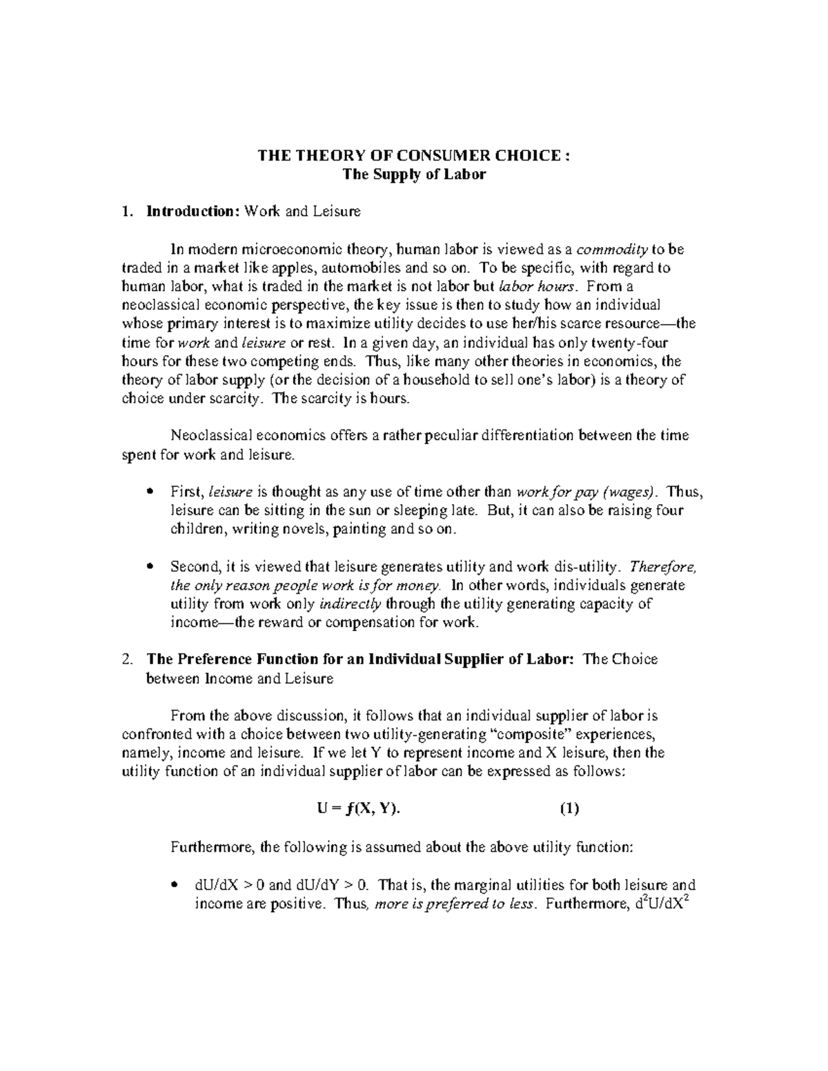 Eco305 - notes - THE THEORY OF CONSUMER CHOICE : The Supply of Labor 1 ...