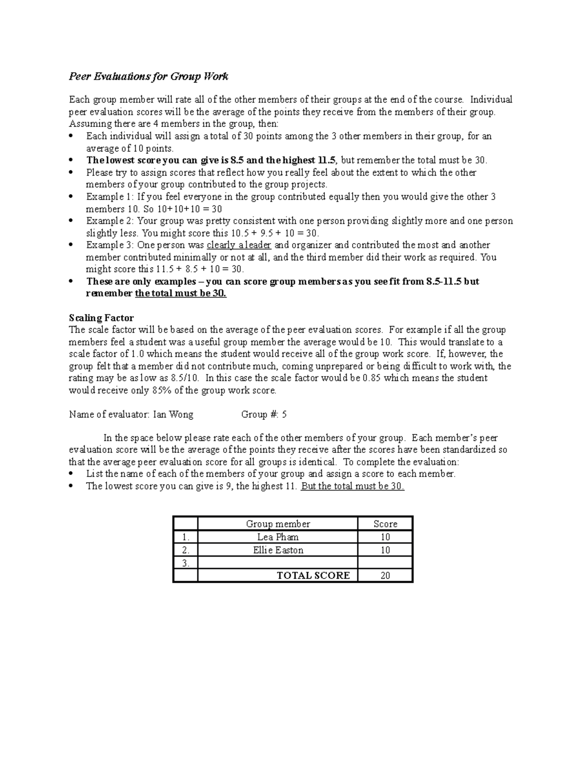 199 Peer Evaluations - Peer Evaluations for Group Work Each group member will rate all of the ...