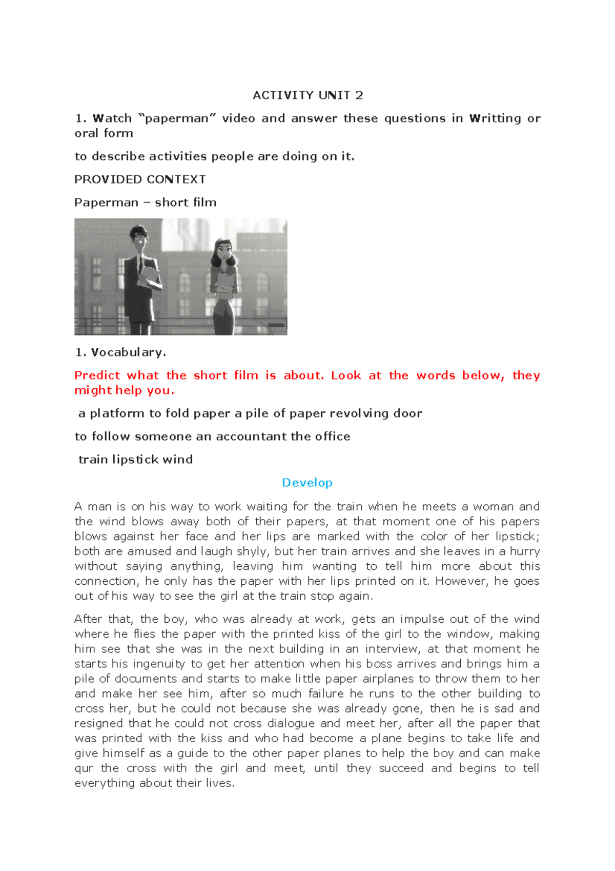 Paperman English - ACTIVITY UNIT 2 **1. Watch “paperman” video and ...
