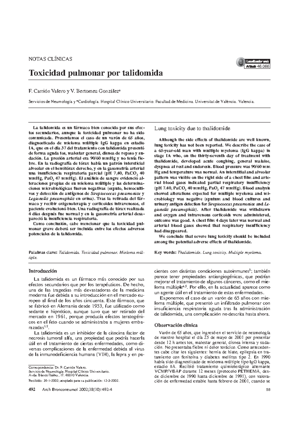 Talidomida pulmonar - 492 Arch Bronconeumol 2002;38(10):492-4 58 ...
