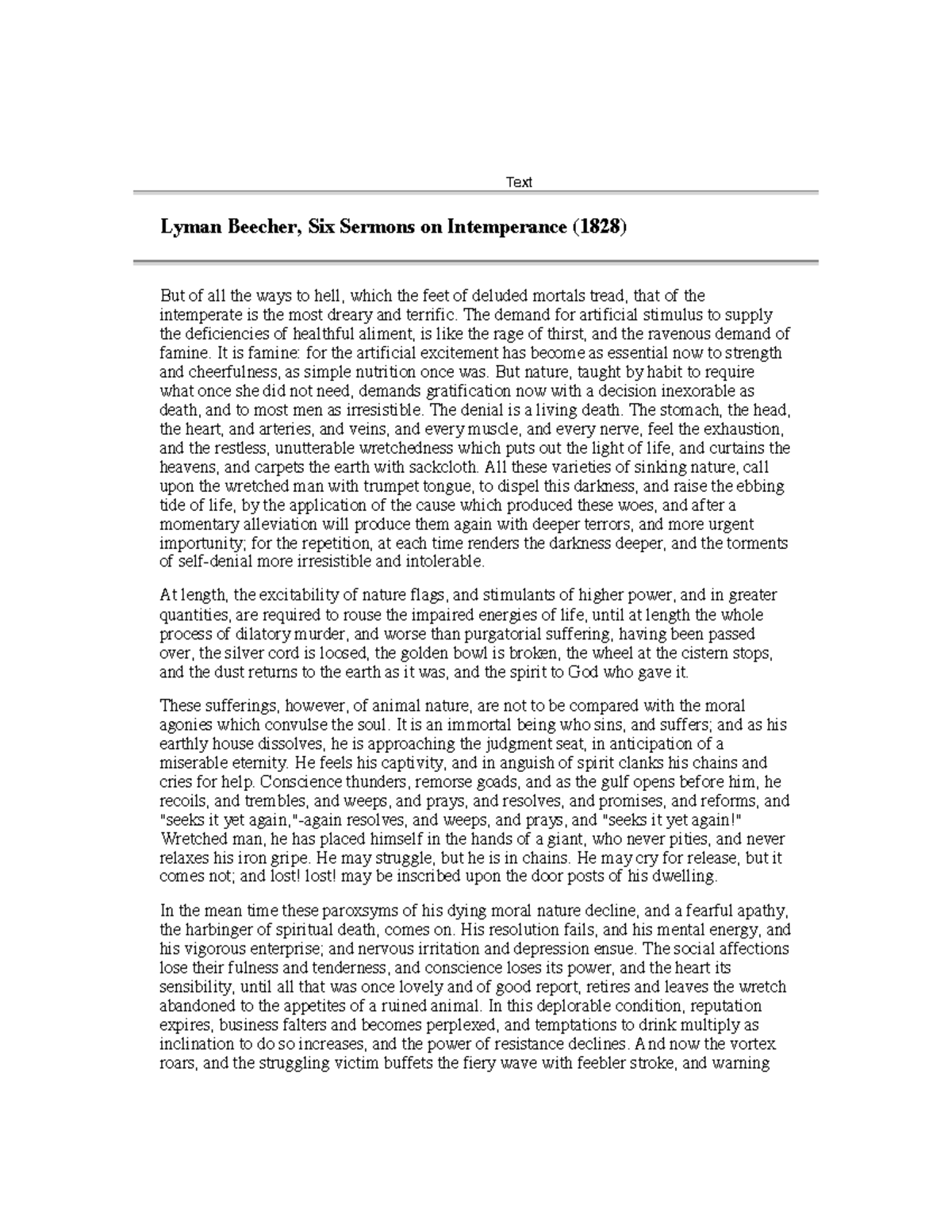 Beecher, from Six Sermons on Intemperance - Lyman Beecher, Six Sermons ...