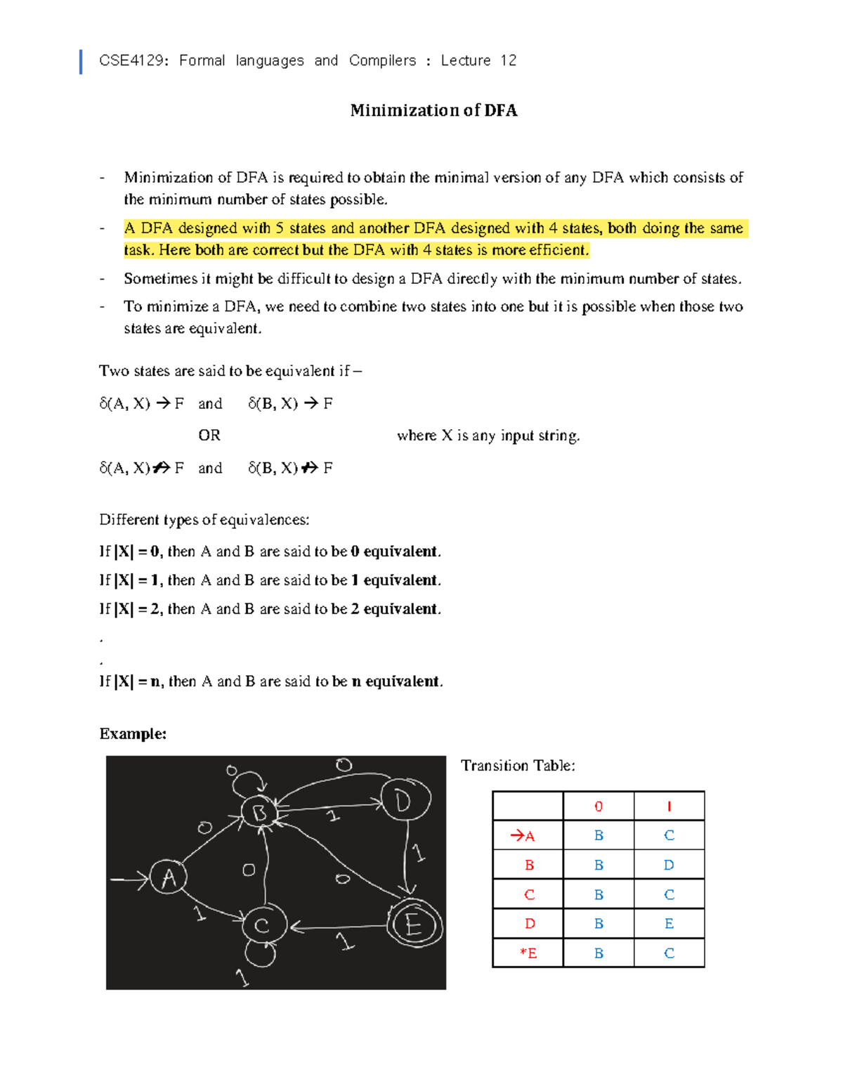 11 Ln11 Fl7 Minimization Of Dfa Cse4129 Formal Languages And Compilers Lecture 12