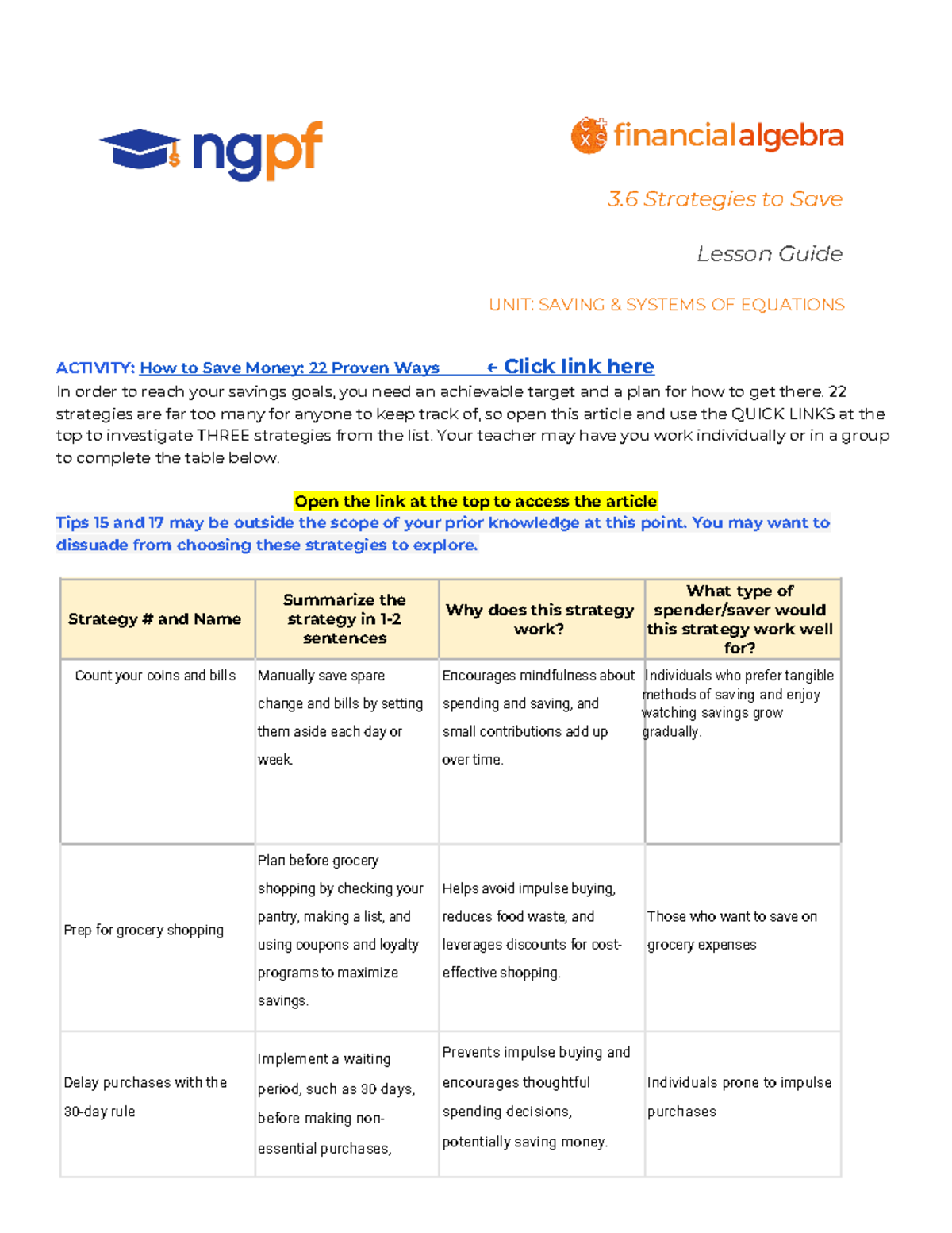 Saving Strategies Activity - 3 Strategies to Save Lesson Guide UNIT ...