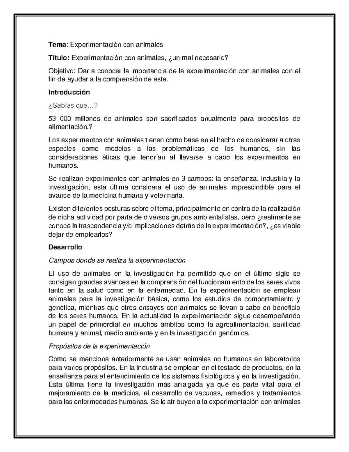 465794877 Ensayo Experimentacion Animal - Tema : Experimentación con ...